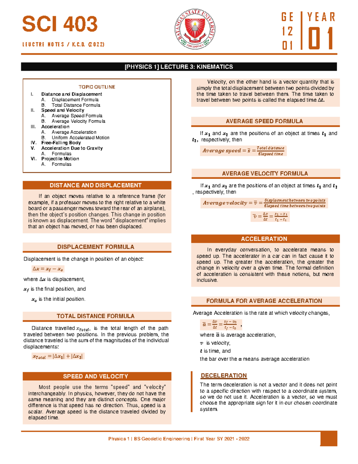 [SCI 403] P1 LN - [PHYSICS 1] LECTURE 3: KINEMATICS - Physics 1 | BS Geodetic Engineering ...
