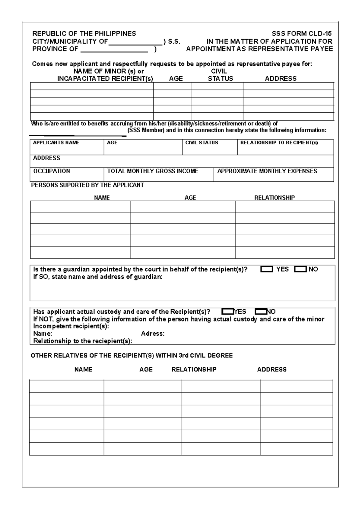 Sss from - REPUBLIC OF THE PHILIPPINES SSS FORM CLD- CITY/MUNICIPALITY ...