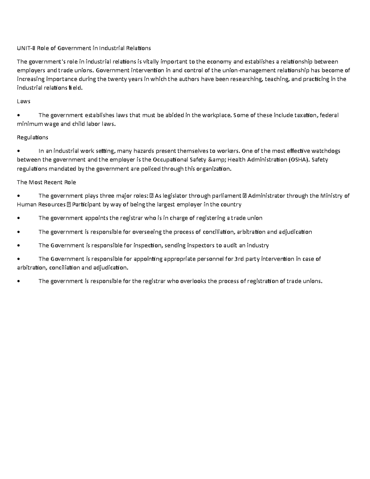 Unit 8 - class notes - UNIT-8 Role of Government in Industrial Rela琀椀 ...