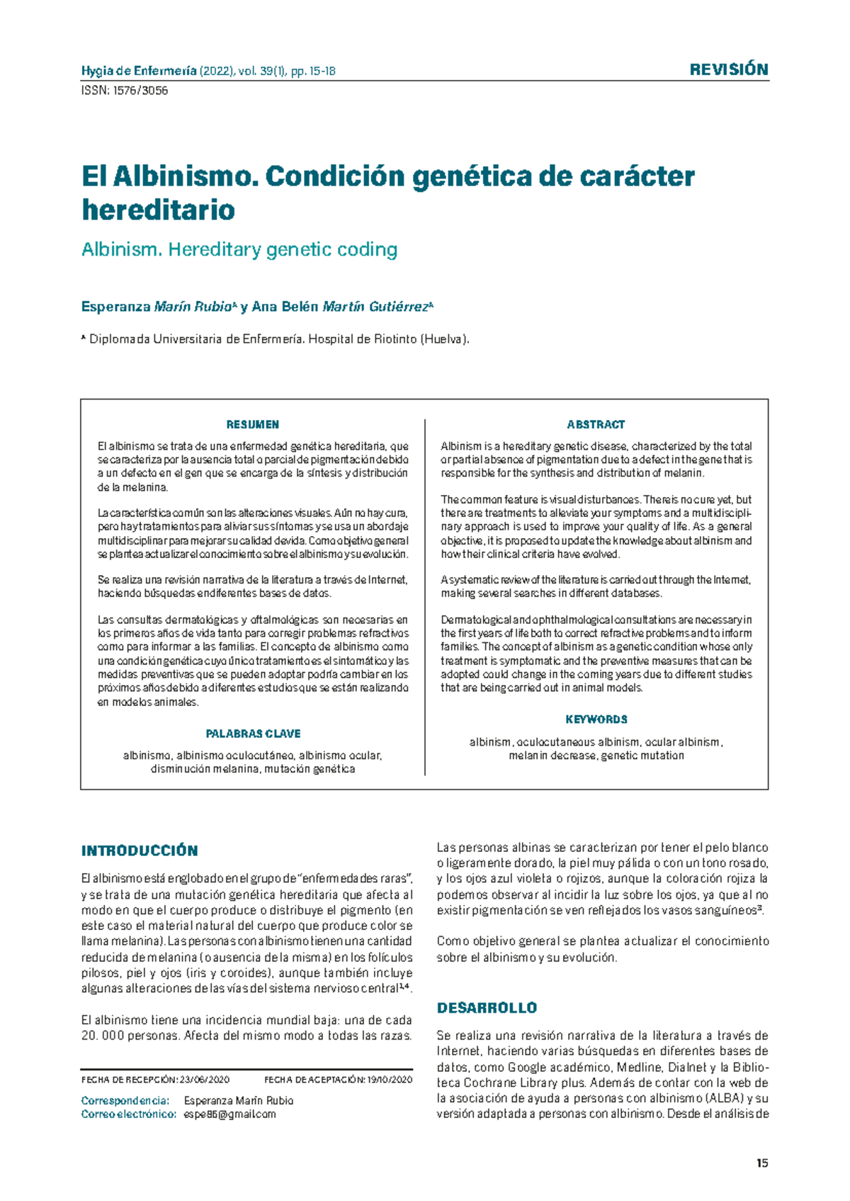 Albinism. Hereditary genetic coding - REVISIÓN 15 Hygia de Enfermería ...