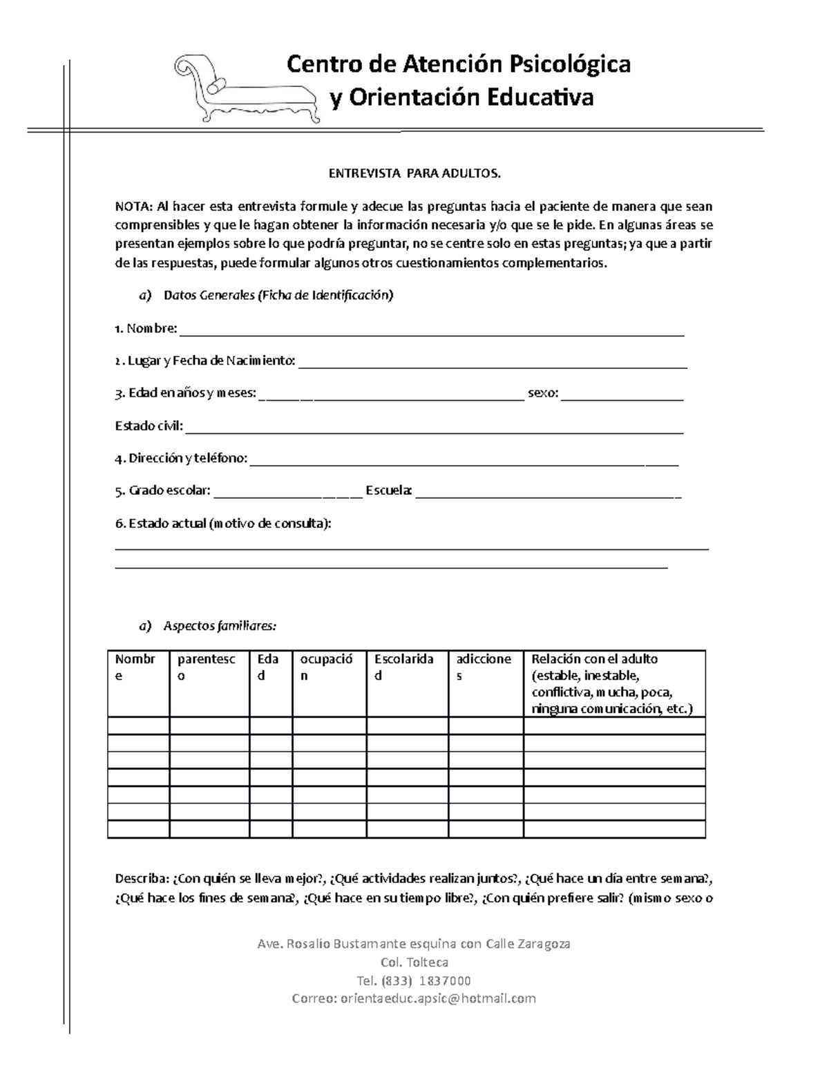 Entrevista Adultos formato - ENTREVISTA PARA ADULTOS. NOTA: Al hacer ...