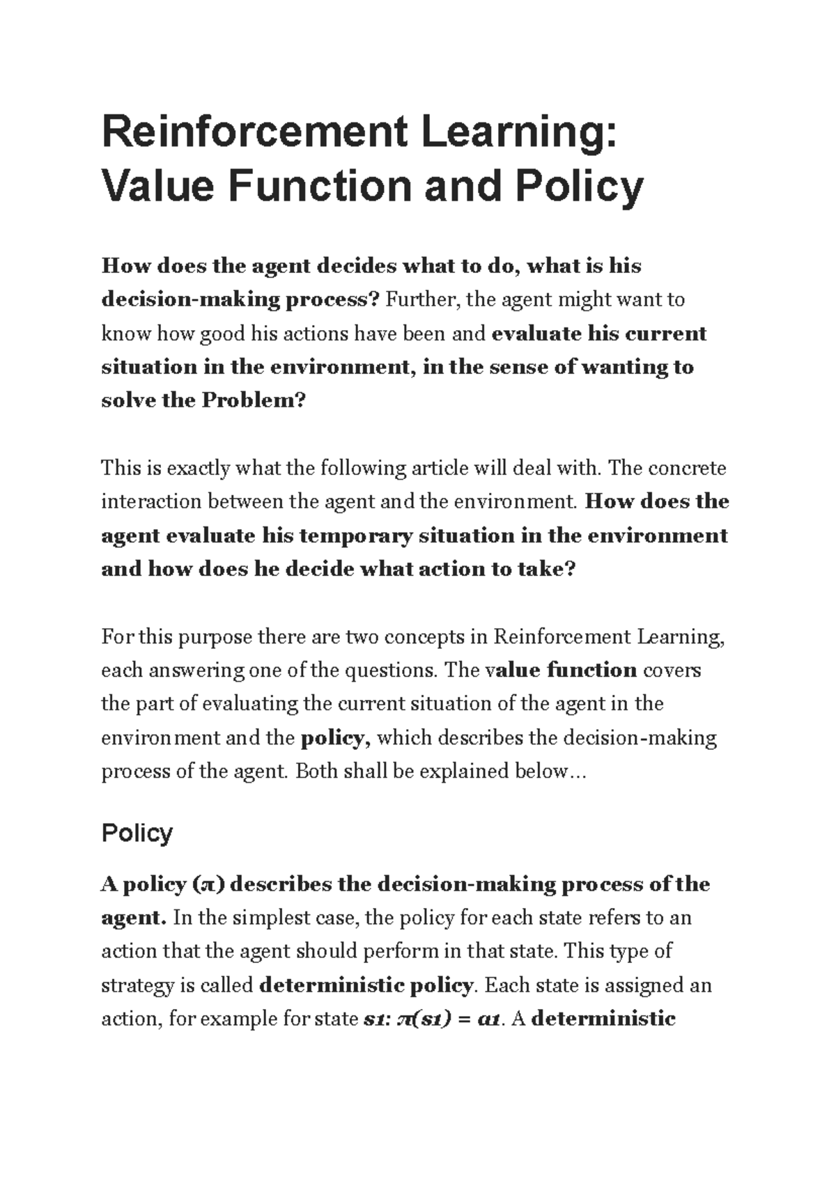 Reinforcement Learning - Reinforcement Learning: Value Function and Policy How does the agent ...