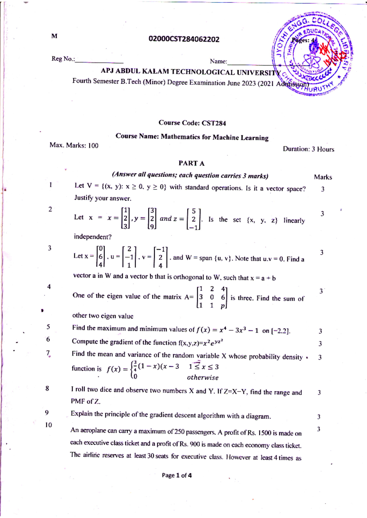 CST284 Mathematics FOR Machine Learning, JUNE 2023 - M Reg No.: Max ...