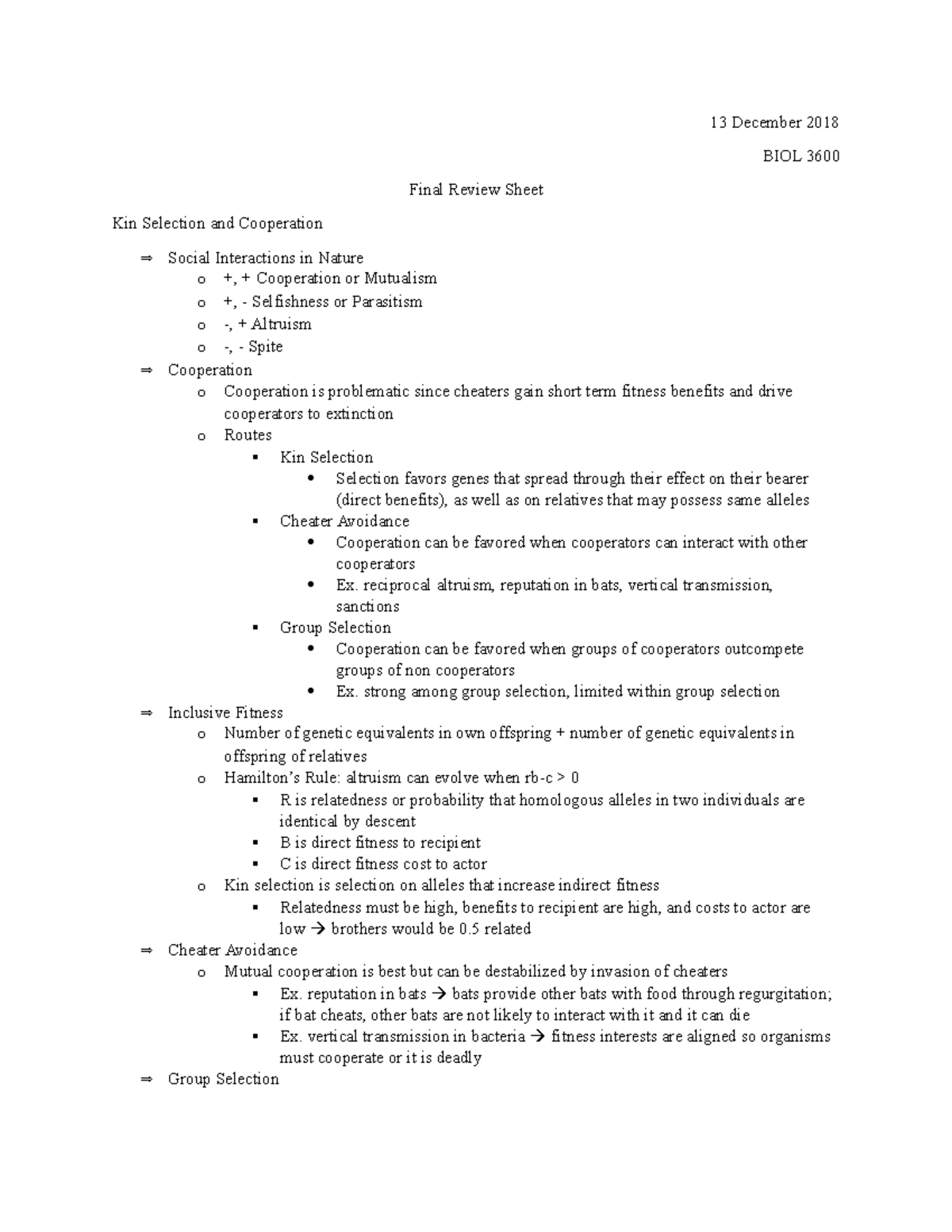Final Review Sheet - 13 December 2018 BIOL 3600 Final Review Sheet Kin ...
