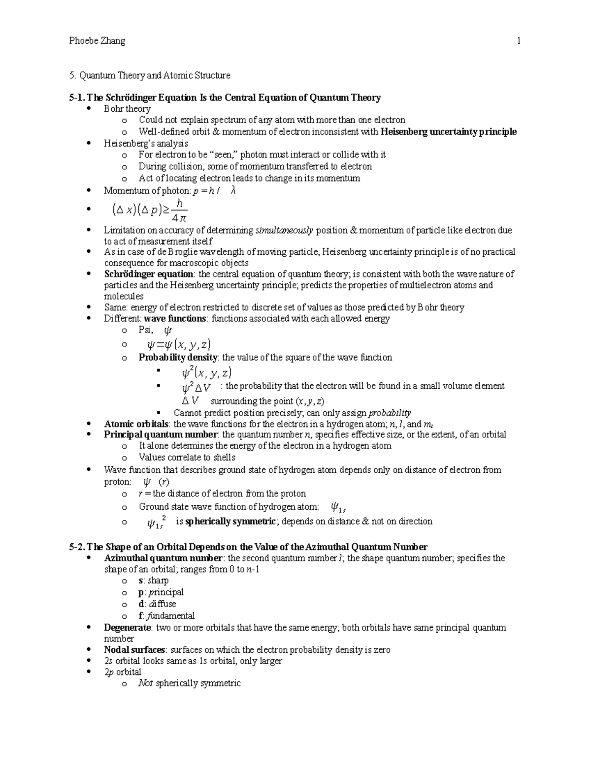 Chapter 5 Notes - Summary General Chemistry - Phoebe Zhang 1 5. Quantum ...