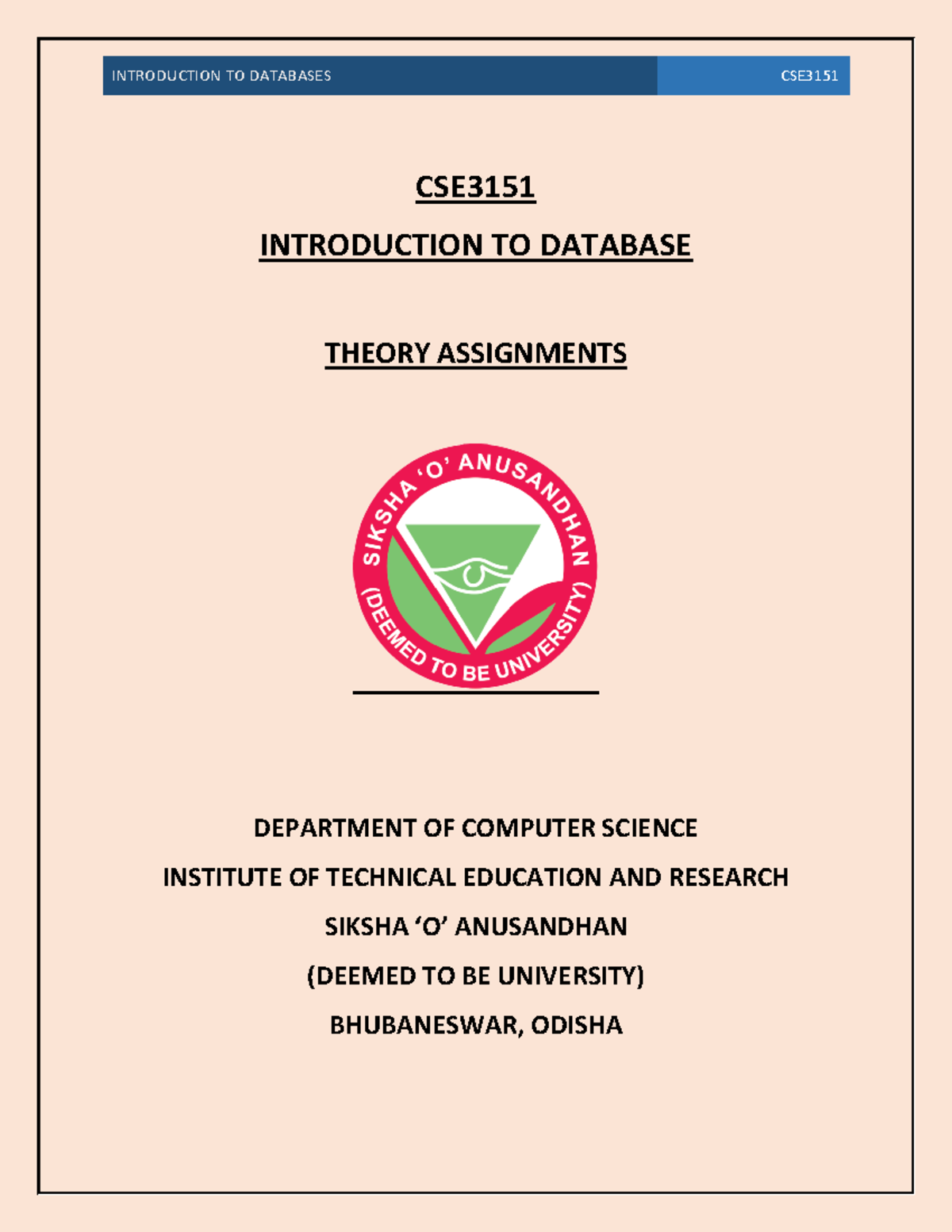 Theory Assignment-2 - important - Introduction to Database - INTRODUCTION TO DATABASES CSE CSE ...