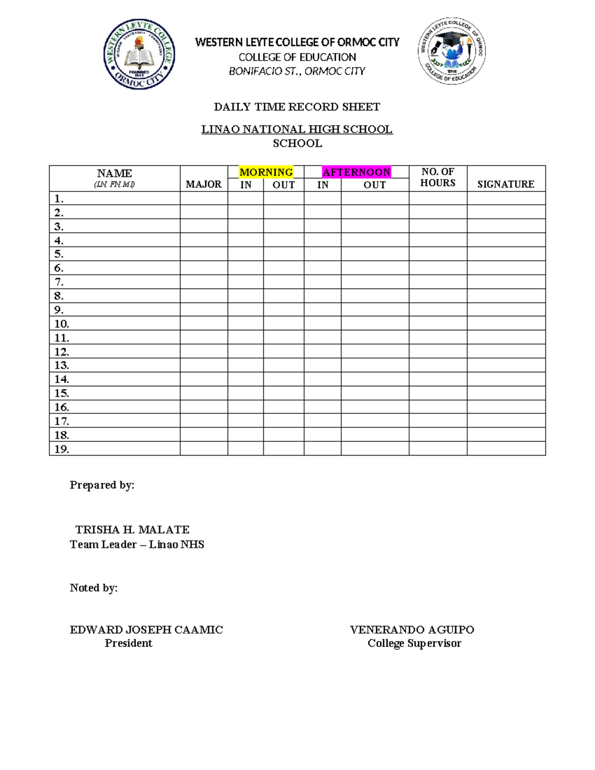 Daily TIME Record Sheet - WESTERN LEYTE COLLEGE OF ORMOC CITY COLLEGE ...
