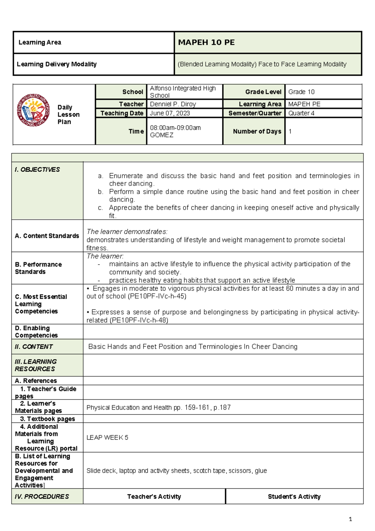 detailed lesson plan - Learning Area MAPEH 10 PE Learning Delivery ...