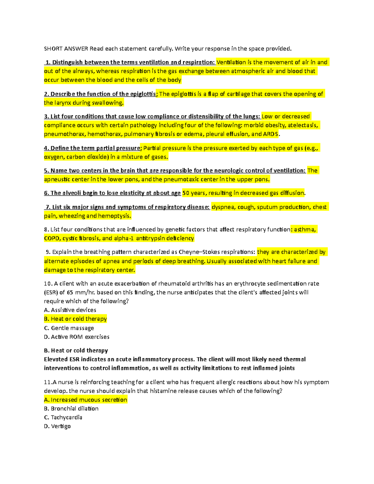 Resp Assess - study guide - SHORT ANSWER Read each statement carefully ...