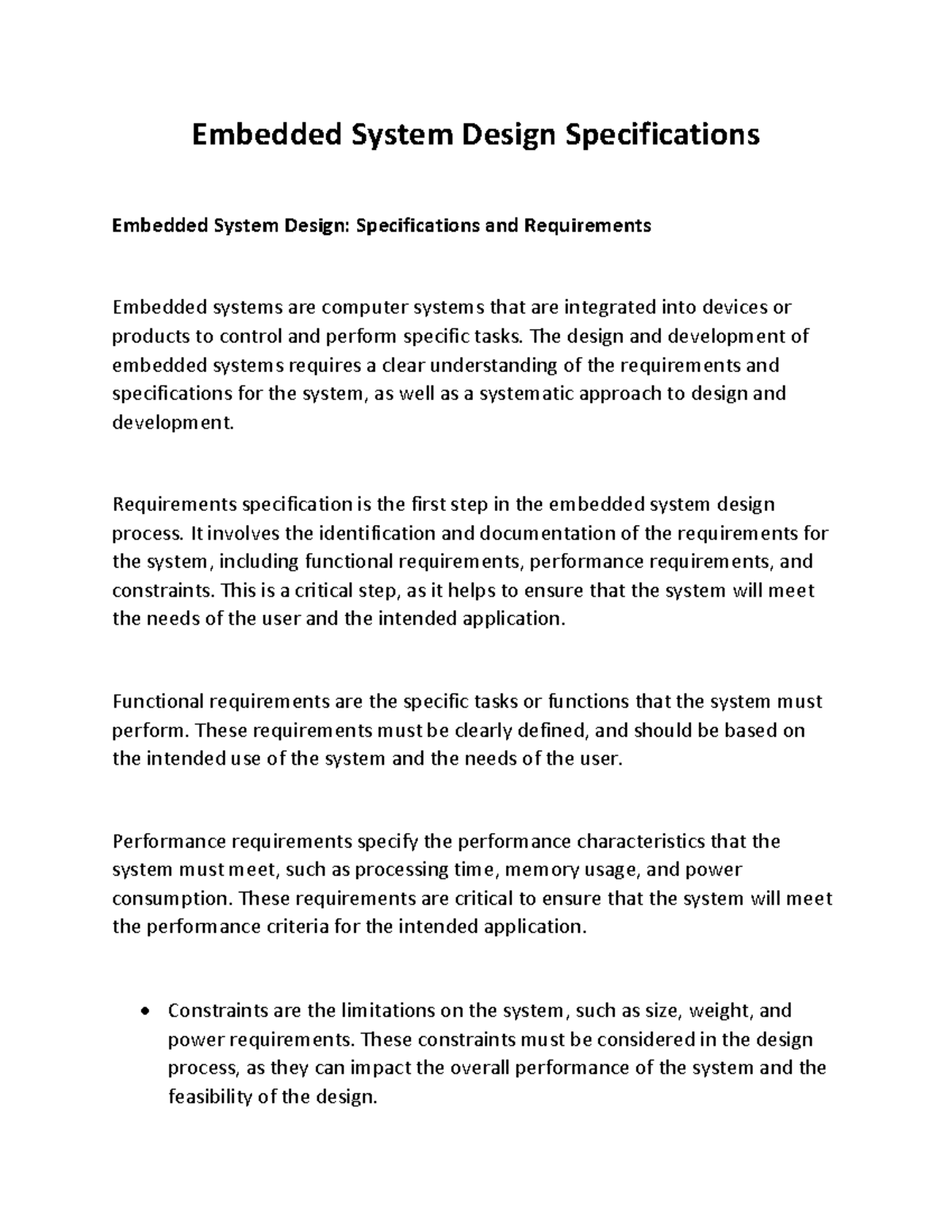 Specifications 1 - Embedded Systems - Embedded System Design Specifications Embedded System ...