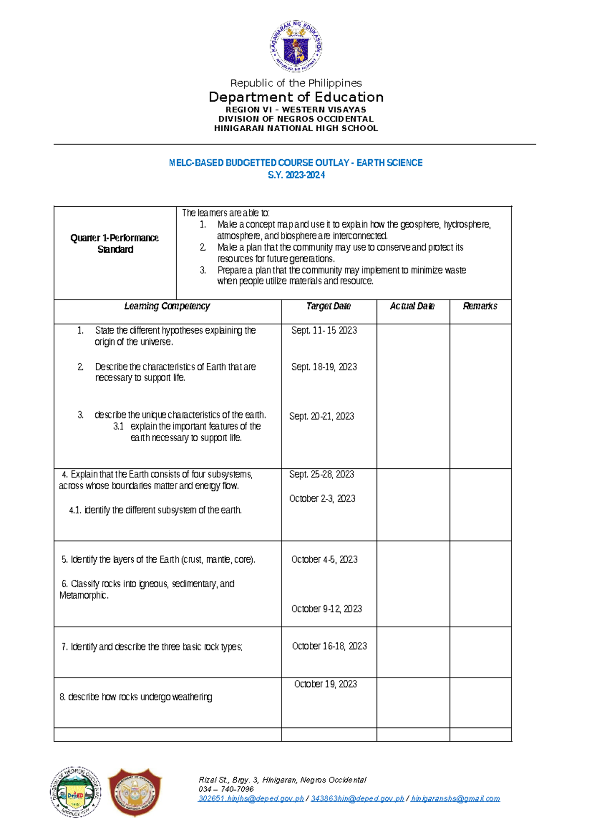Budgetted course outlay for STEM 11 - Rizal St., Brgy. 3, Hinigaran ...