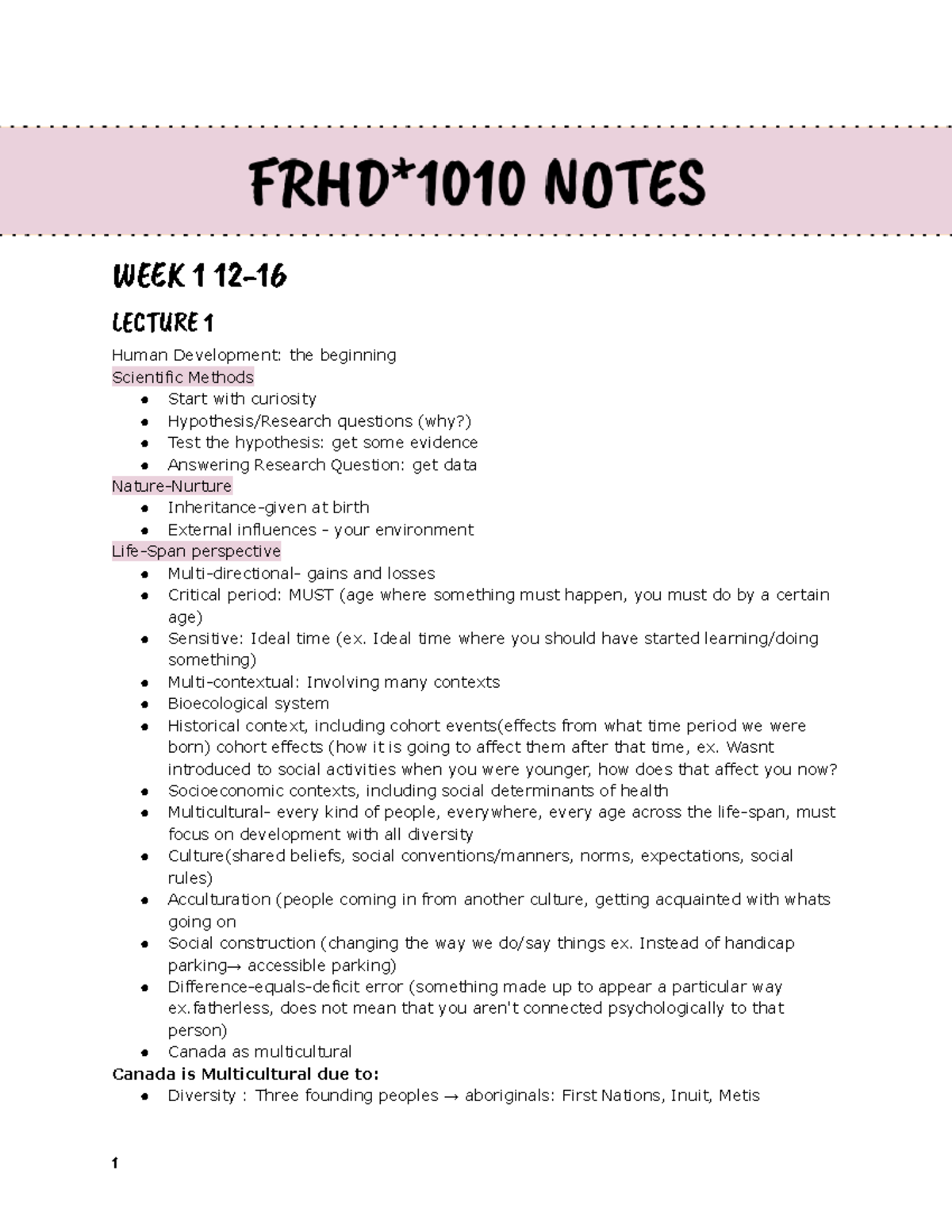 FRHD*1010 Lecture Notes - WE󰁋󰀶 1 12- LE󰁑󰀙󰀖R󰁈 1 Human Development: the ...