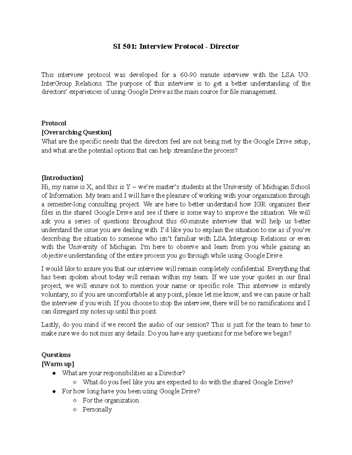 Director-Interview Questions - SI 501: Interview Protocol - Director ...