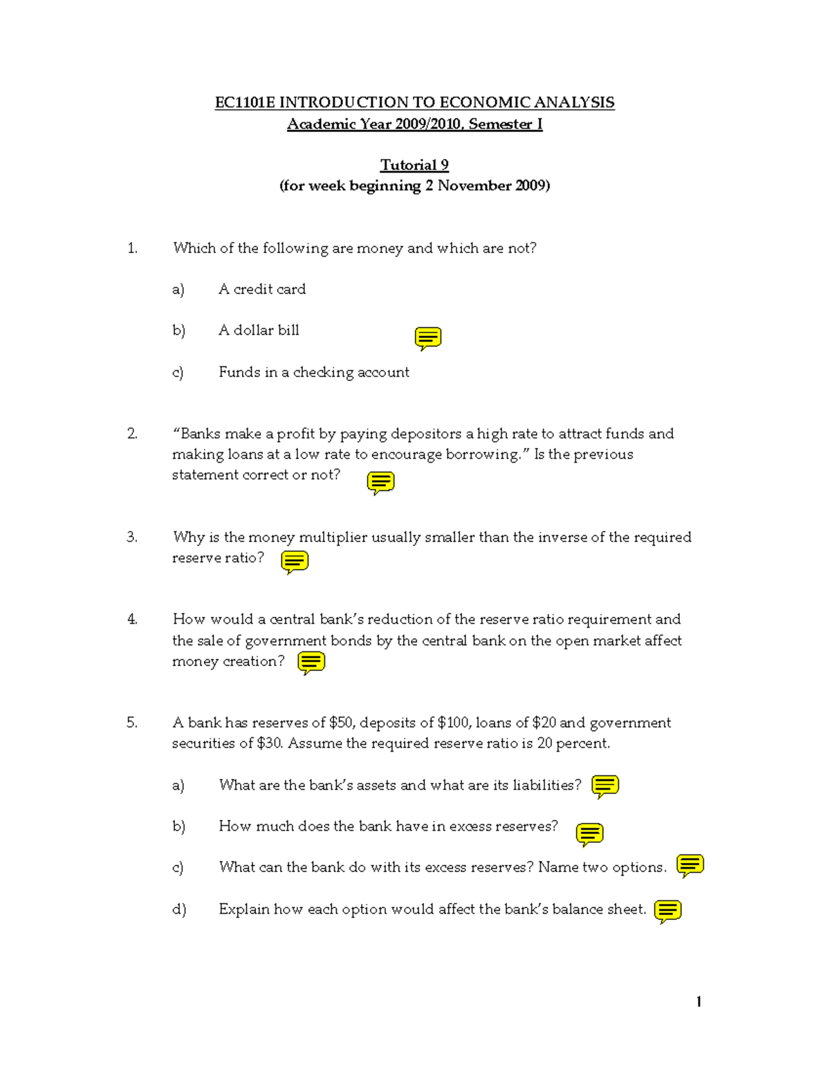 EC1101E Tutorial 9 (AY2015-2016 Semester I) - 1 EC1101E INTRODUCTION TO ECONOMIC ANALYSIS ...