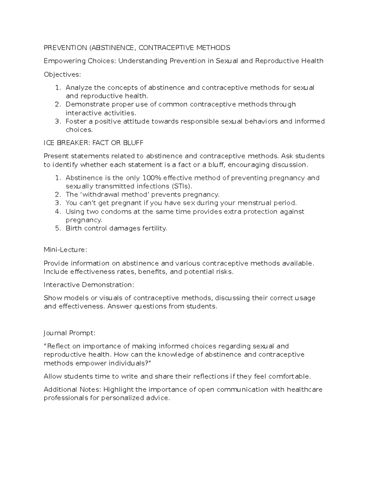 CUF- March 1 - PREVENTION (ABSTINENCE, CONTRACEPTIVE METHODS Empowering ...