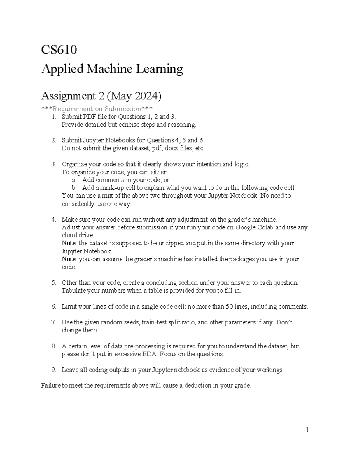 Assignment 2 2024 - CS Applied Machine Learning Assignment 2 (May 202 4 ) Requirement on ...