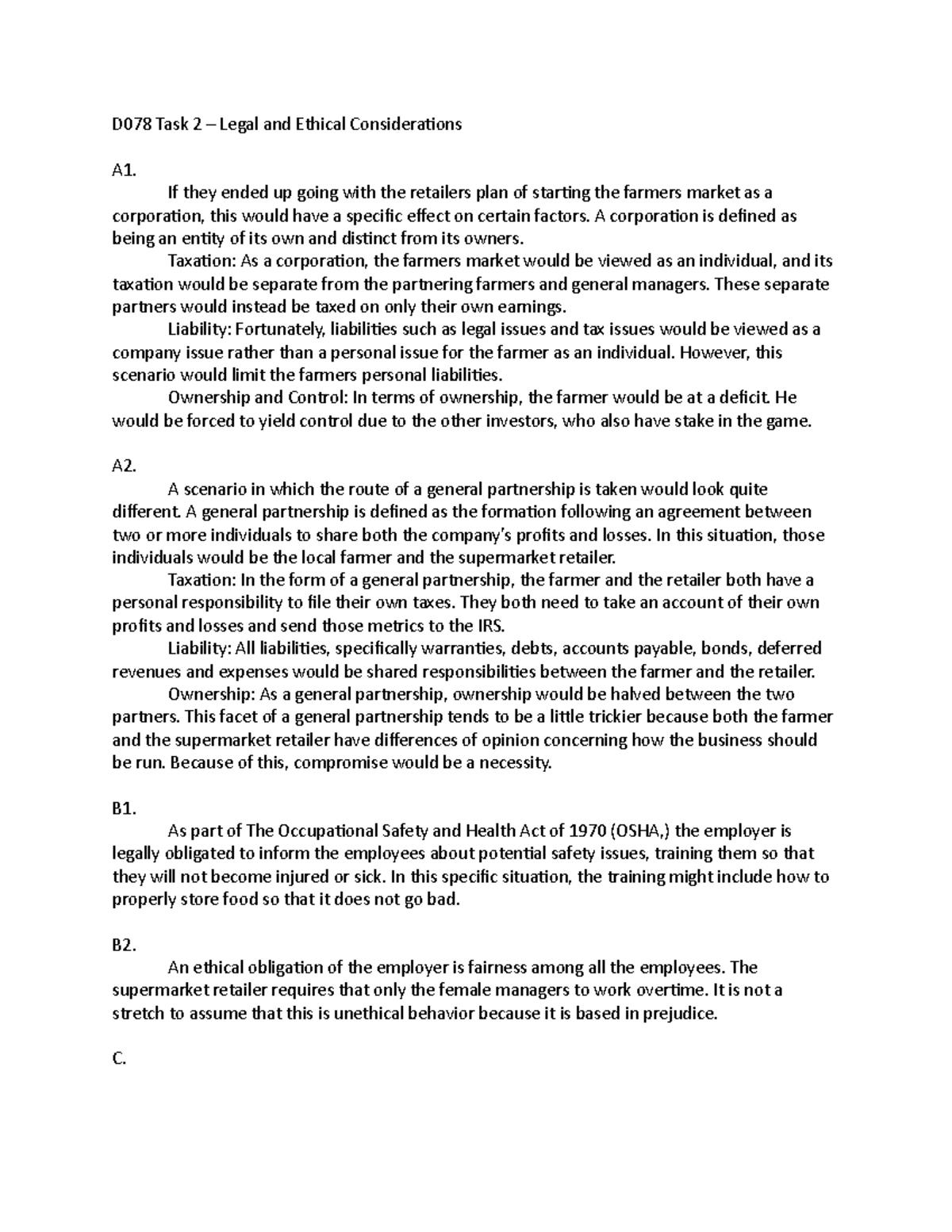 D078 Task 2 - Task 2 - D078 Task 2 – Legal and Ethical Considerations ...