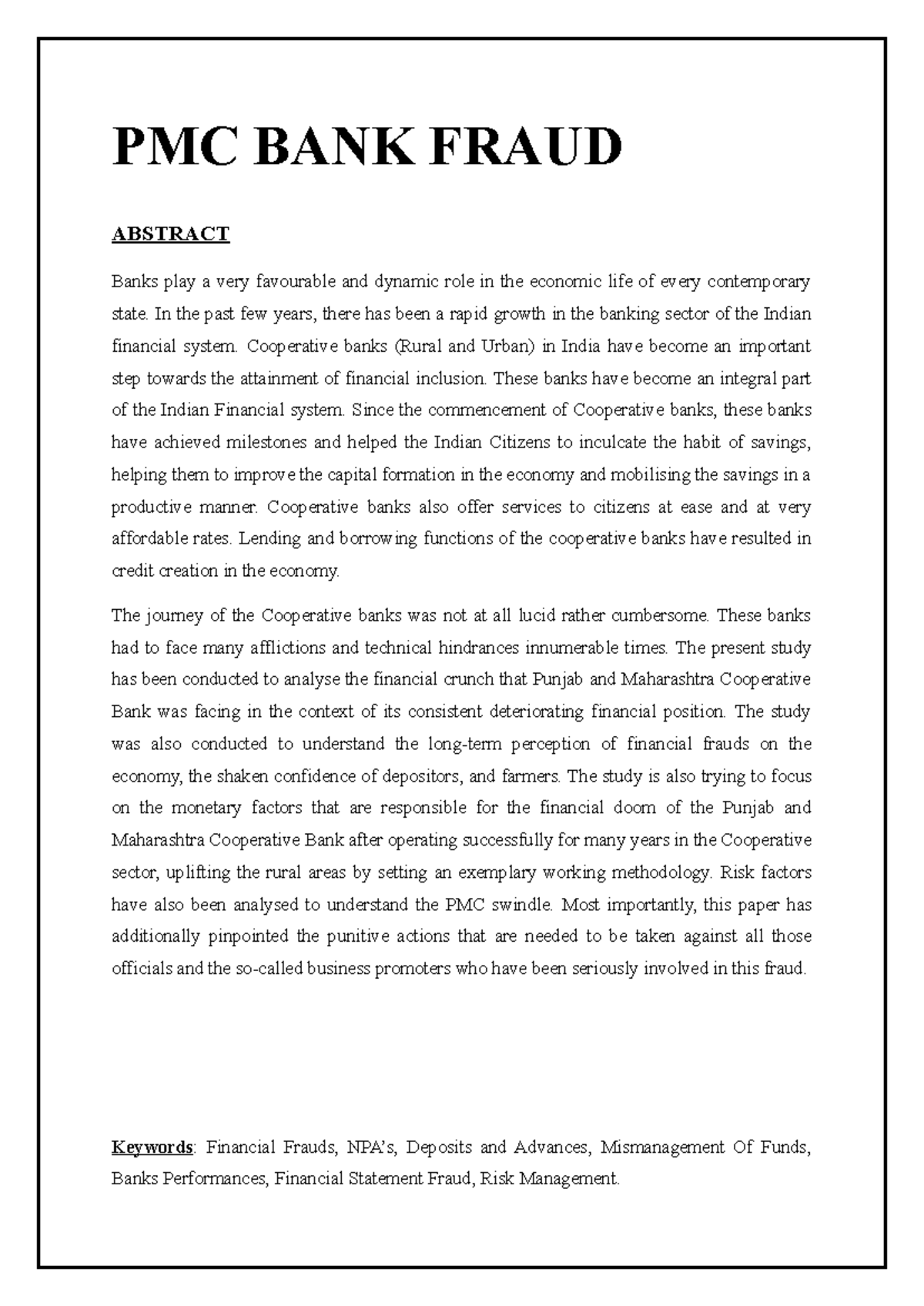 PMC BANK Fraud Srishti SONI Banking - PMC BANK FRAUD ABSTRACT Banks ...
