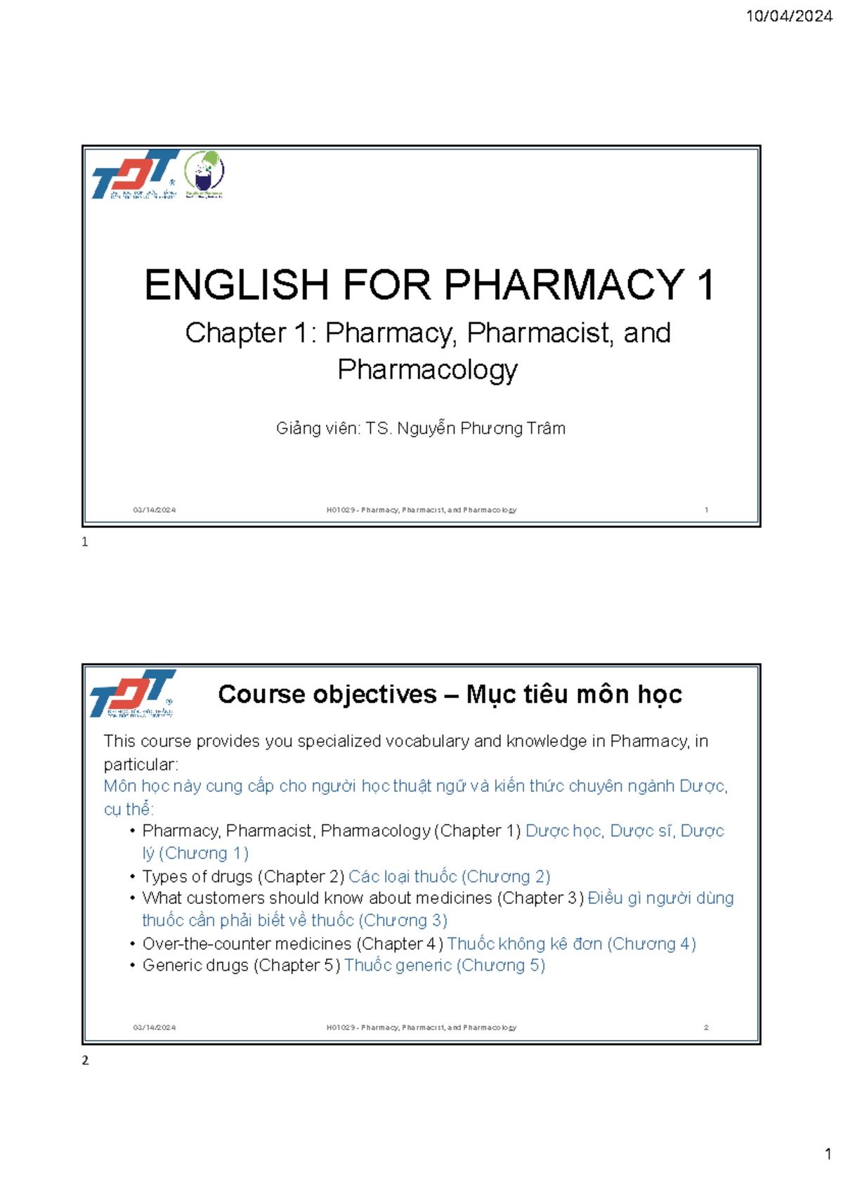 Chapter 1 Pharmacy Pharmacist and Pharmacology Student handout - 03/14 ...