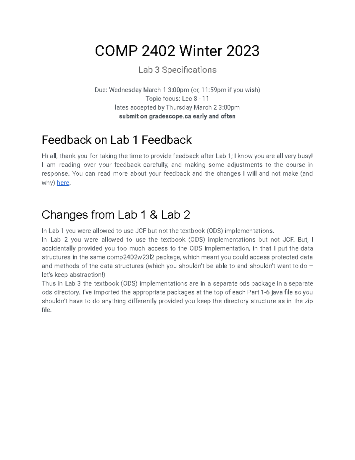 Lab 3 COMP 2402W23 - Assignment 3 2402 - COMP 2402 Winter 2023 Lab 3 Specifications Due ...