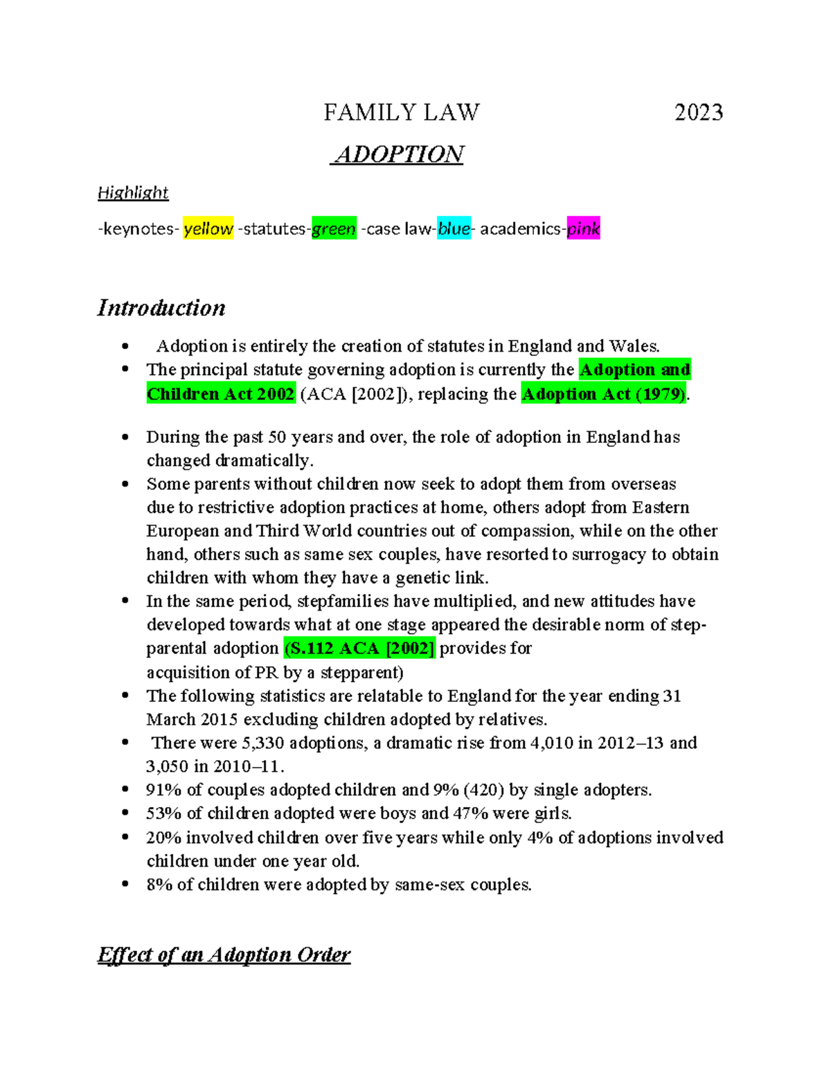 Clean Adoption Notes - FAMILY LAW 2023 ADOPTION Highlight -keynotes ...