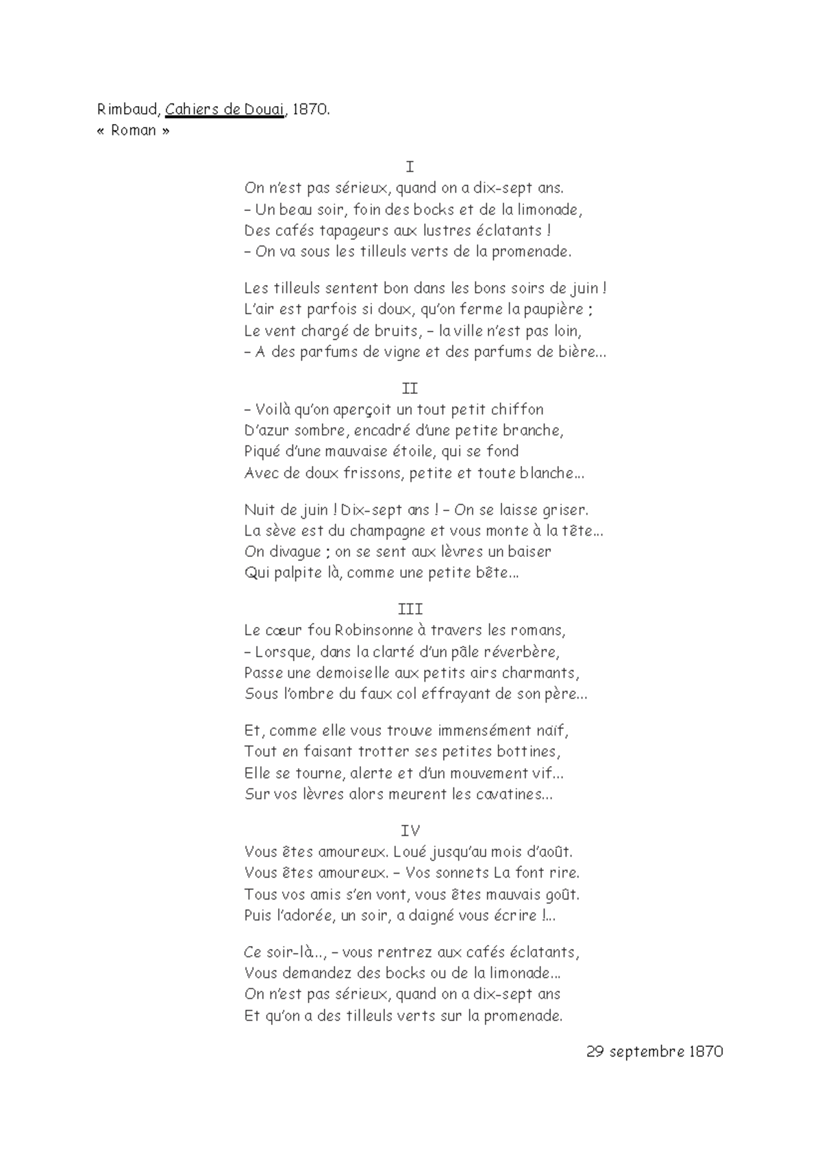 Etude linéaire - Rimbaud, Roman - Rimbaud, Cahiers de Douai, 1870 ...