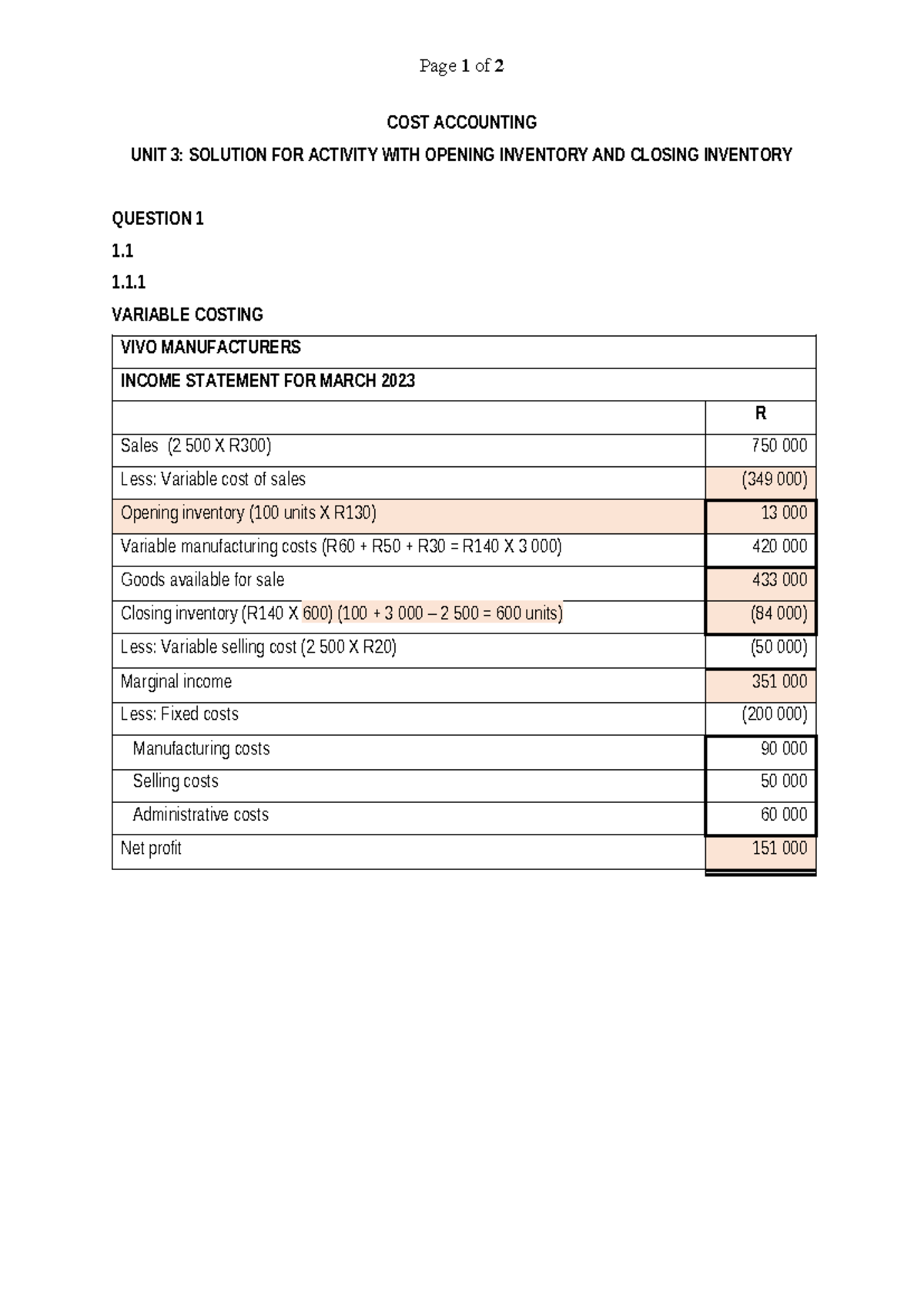 COST ACC UNIT 3 WITH Opening Inventory MEMO FOR Q1 - Page 1 of 2 COST ...