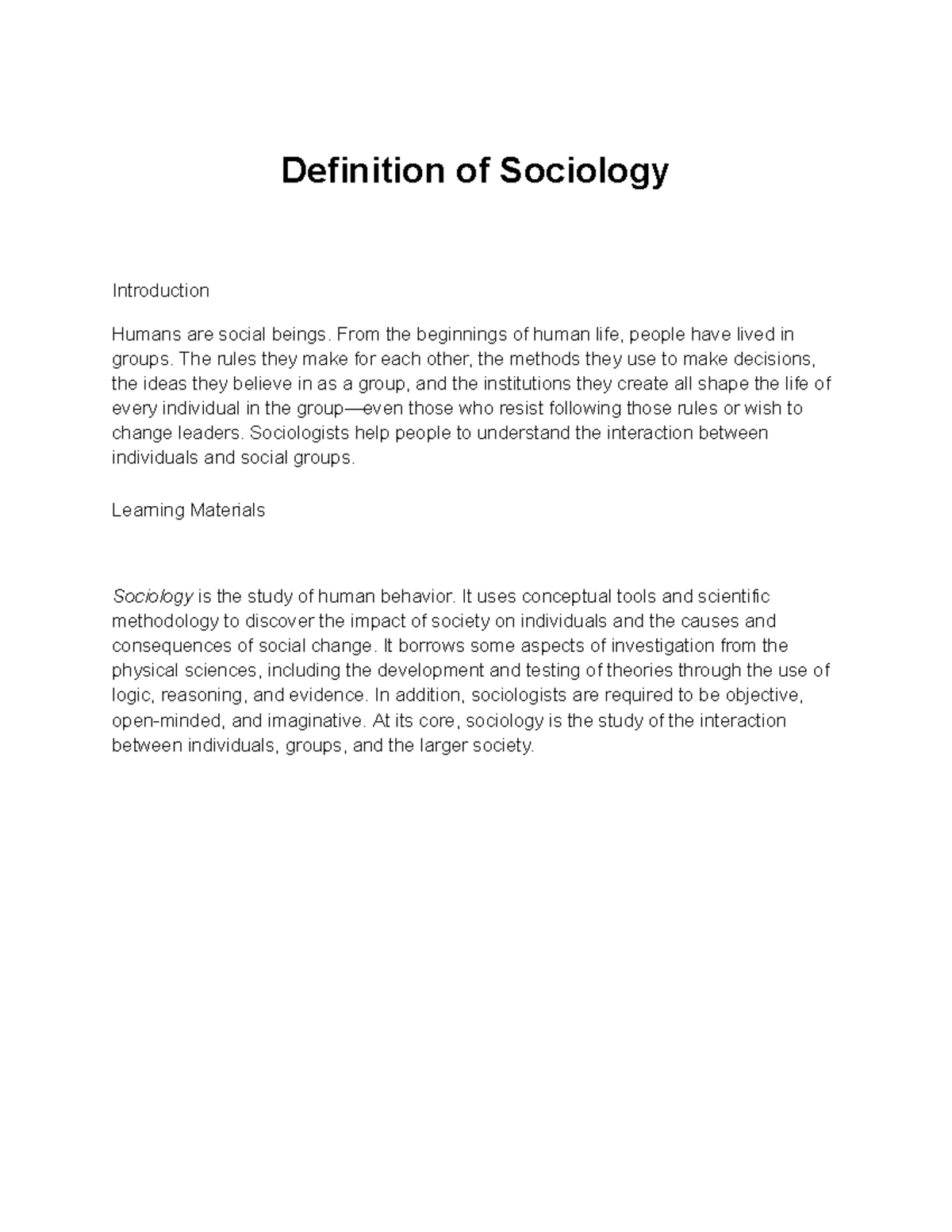Definition of Sociology - Definition of Sociology Introduction Humans ...