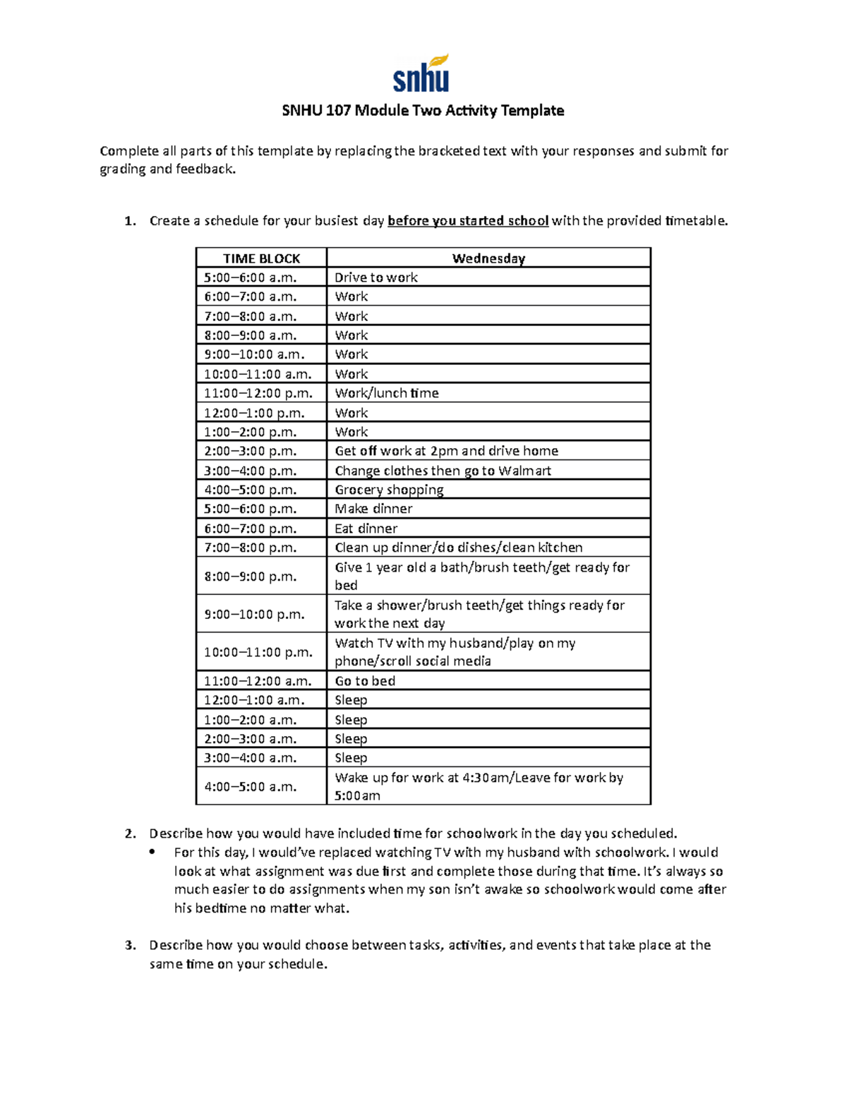 SNHU 107 Module Two Activity - Create a schedule for your busiest day ...
