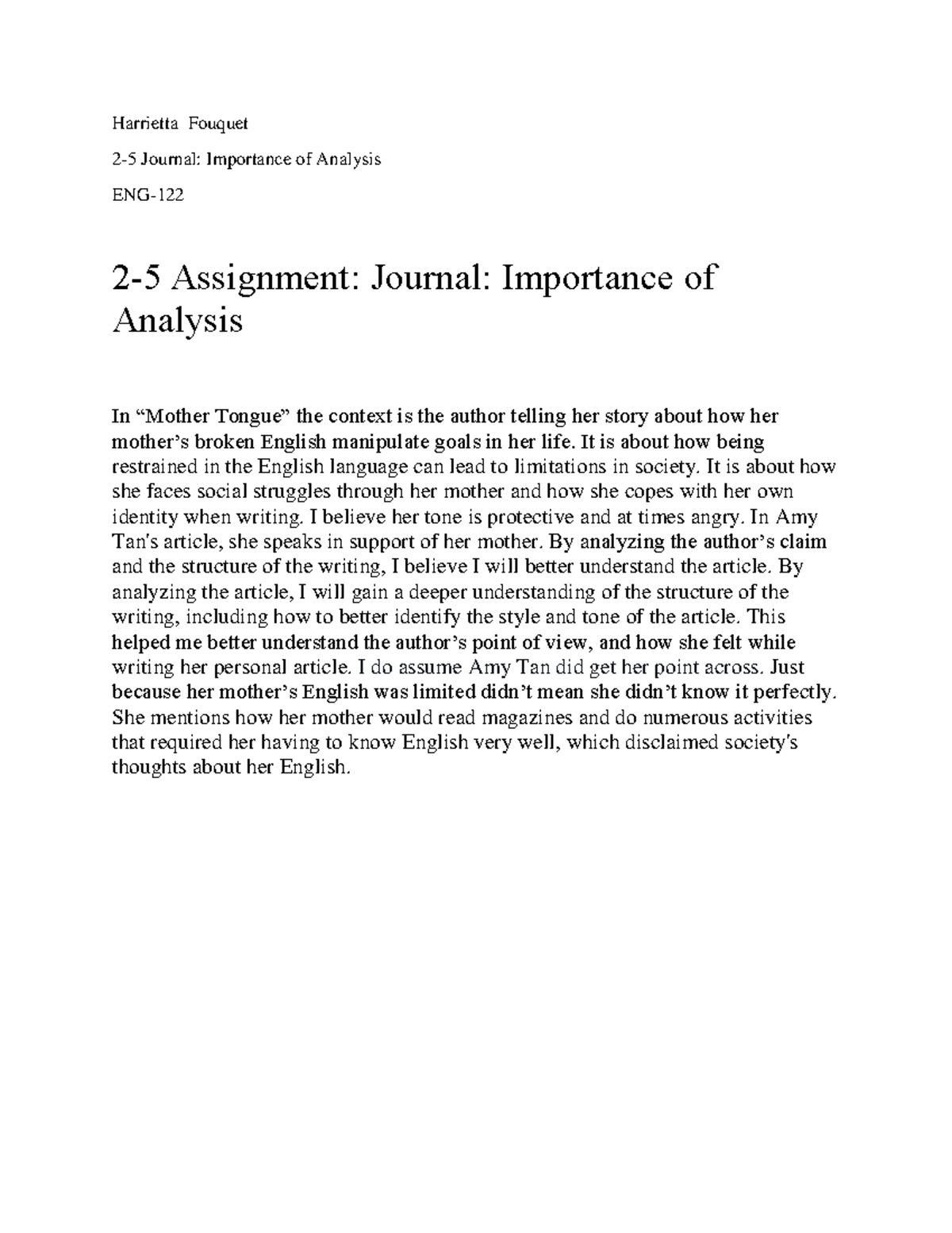 2-5 Assignment Journal Importance of Analysis - Harrietta Fouquet 2-5 ...