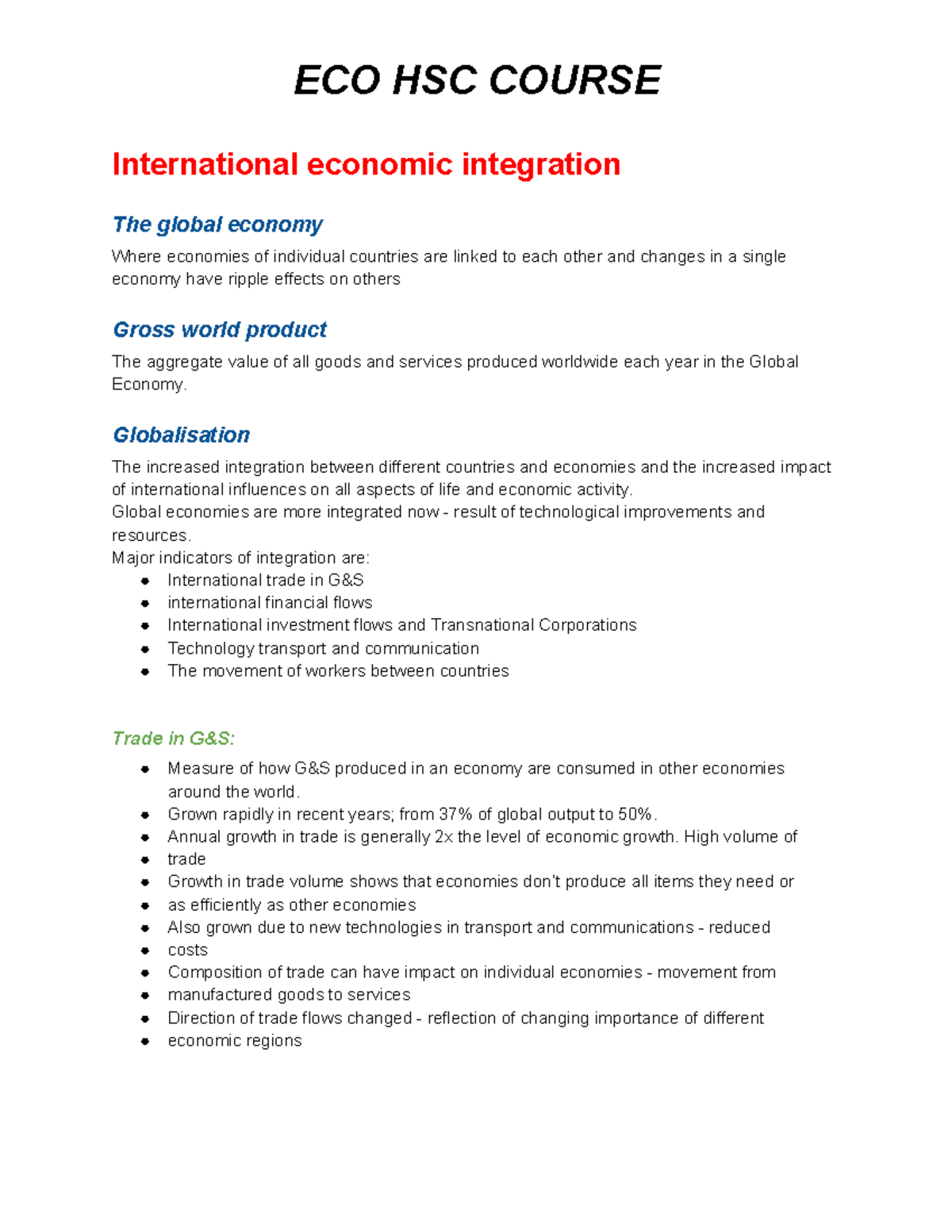 Economics: year 12 full notes - International economic integration The ...