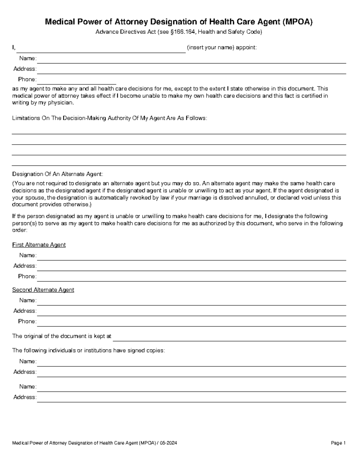 Medical Power of Attorney Designation of Health Care Agent (MPOA ...