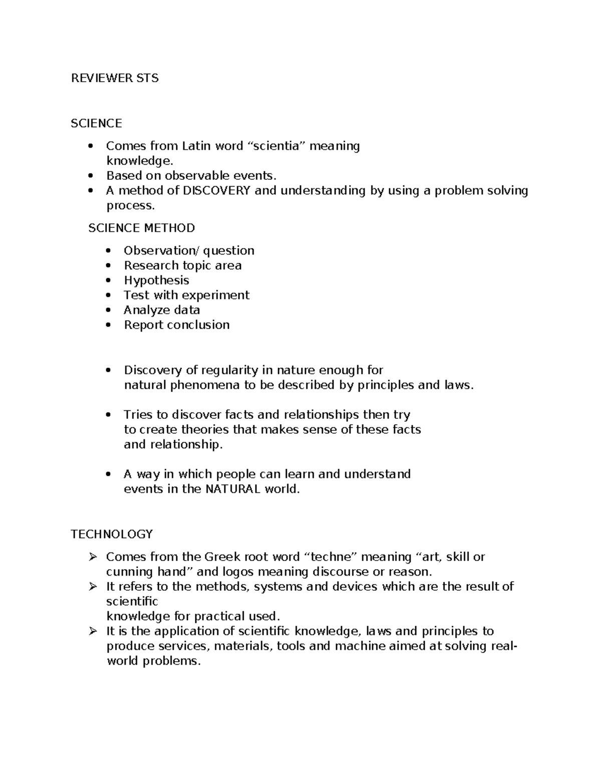 Reviewer STS - ITS HELPFUL - REVIEWER STS SCIENCE Comes from Latin word “scientia” meaning - Studocu