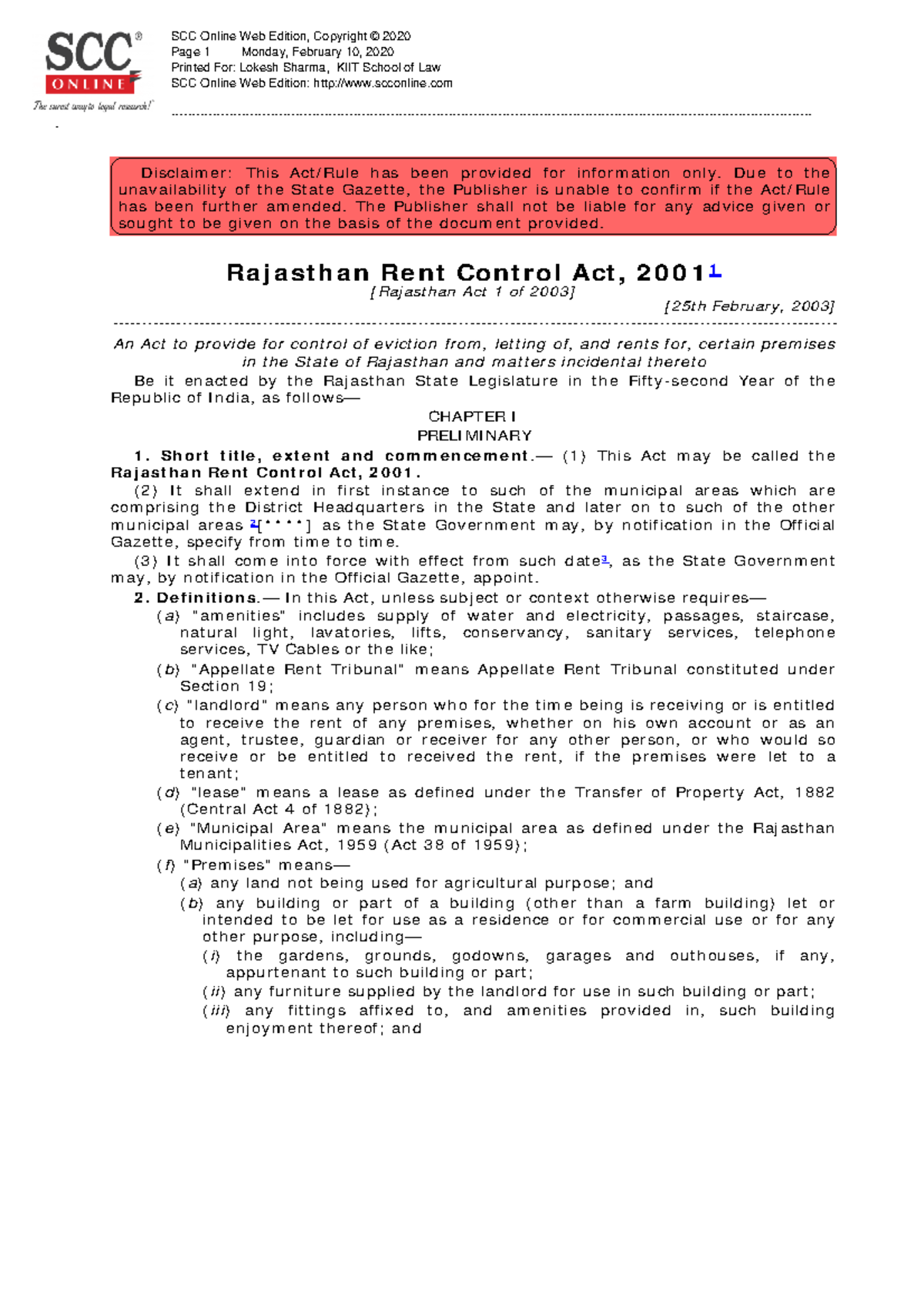 THE Rajasthan RENT Control ACT, 2001 - Disclaim er: This Act / Rule has ...