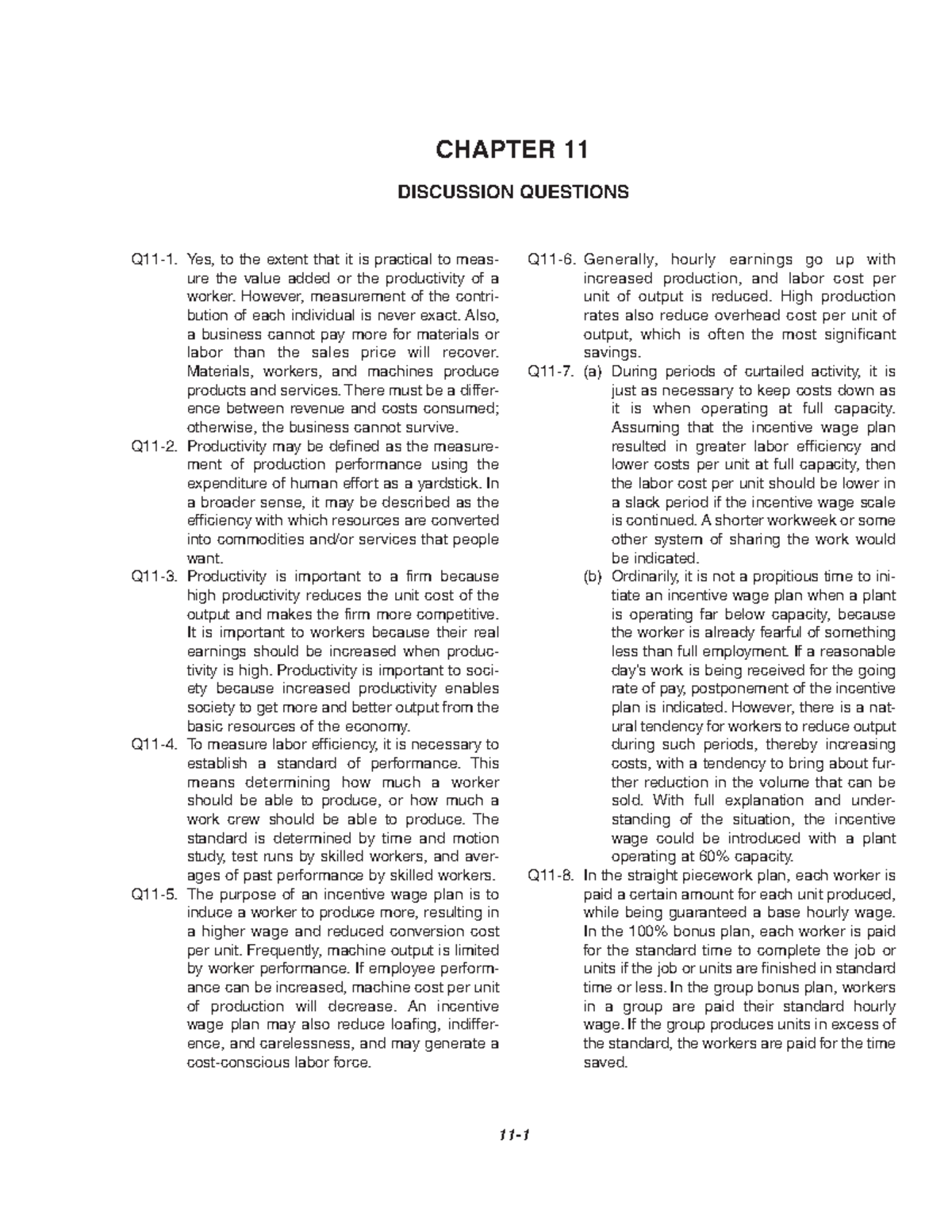 Ch11SM solman cost - CHAPTER 11 DISCUSSION QUESTIONS 11- Q11-1. Yes, to ...