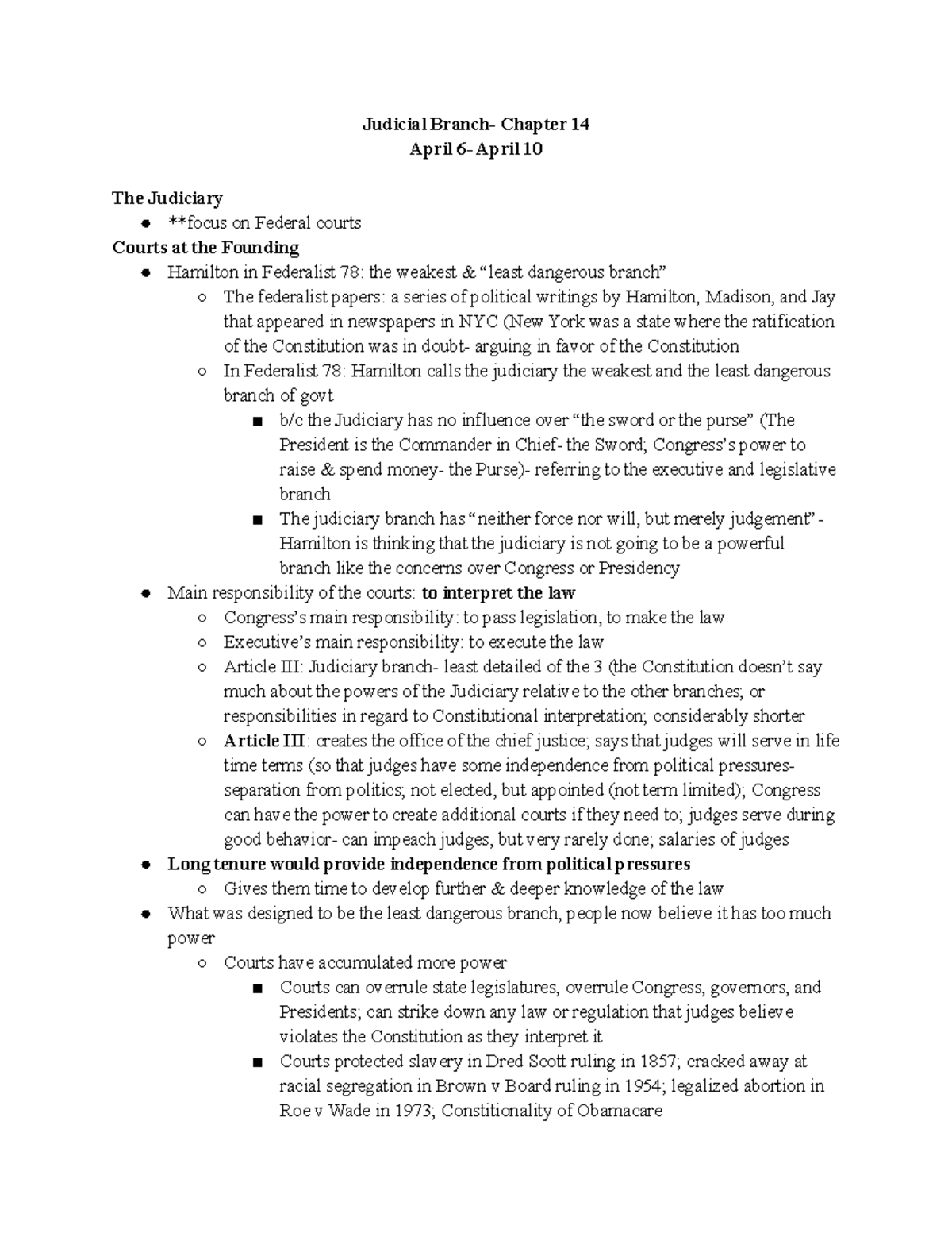 Judiciary branch lecture notes - Judicial Branch- Chapter 14 April 6 ...