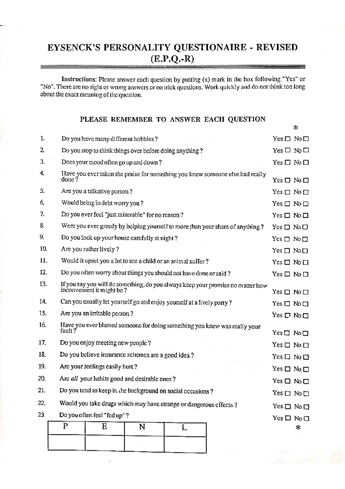 Eysenck personality questionaire - PERSONALITY QUESTIONAIRE REVISED ...
