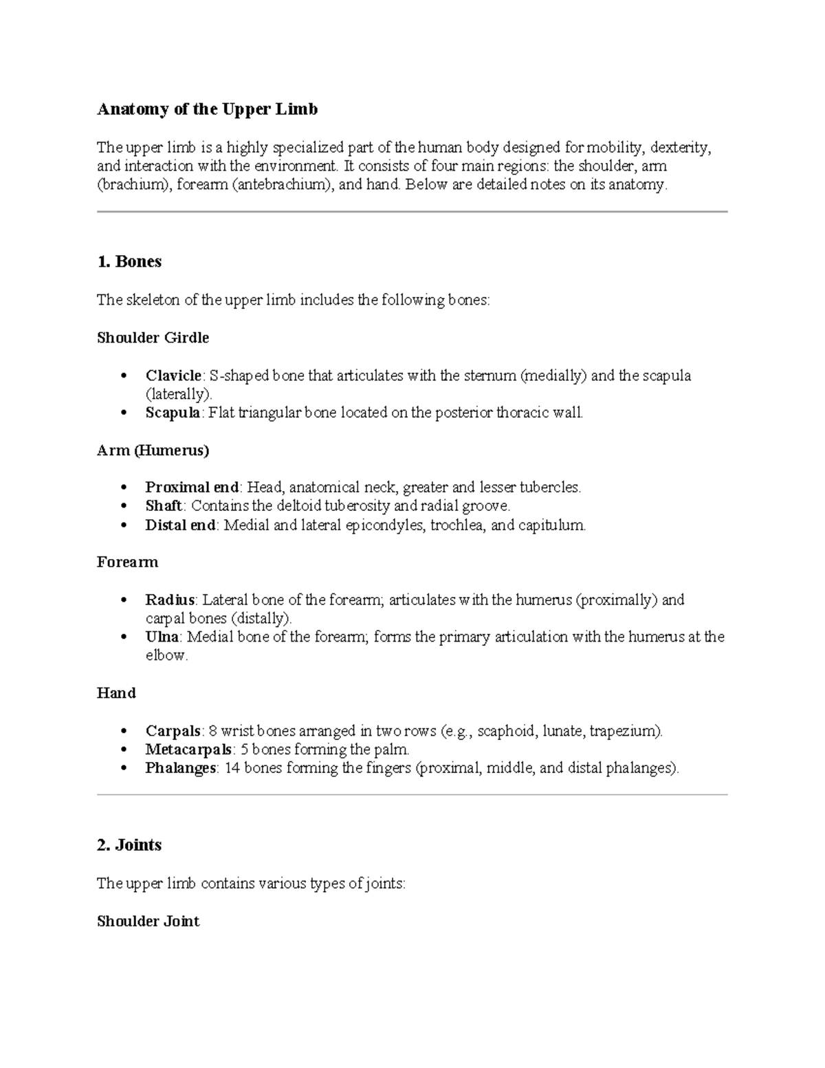 Anatomy of the Upper Limb - script - Anatomy of the Upper Limb The ...