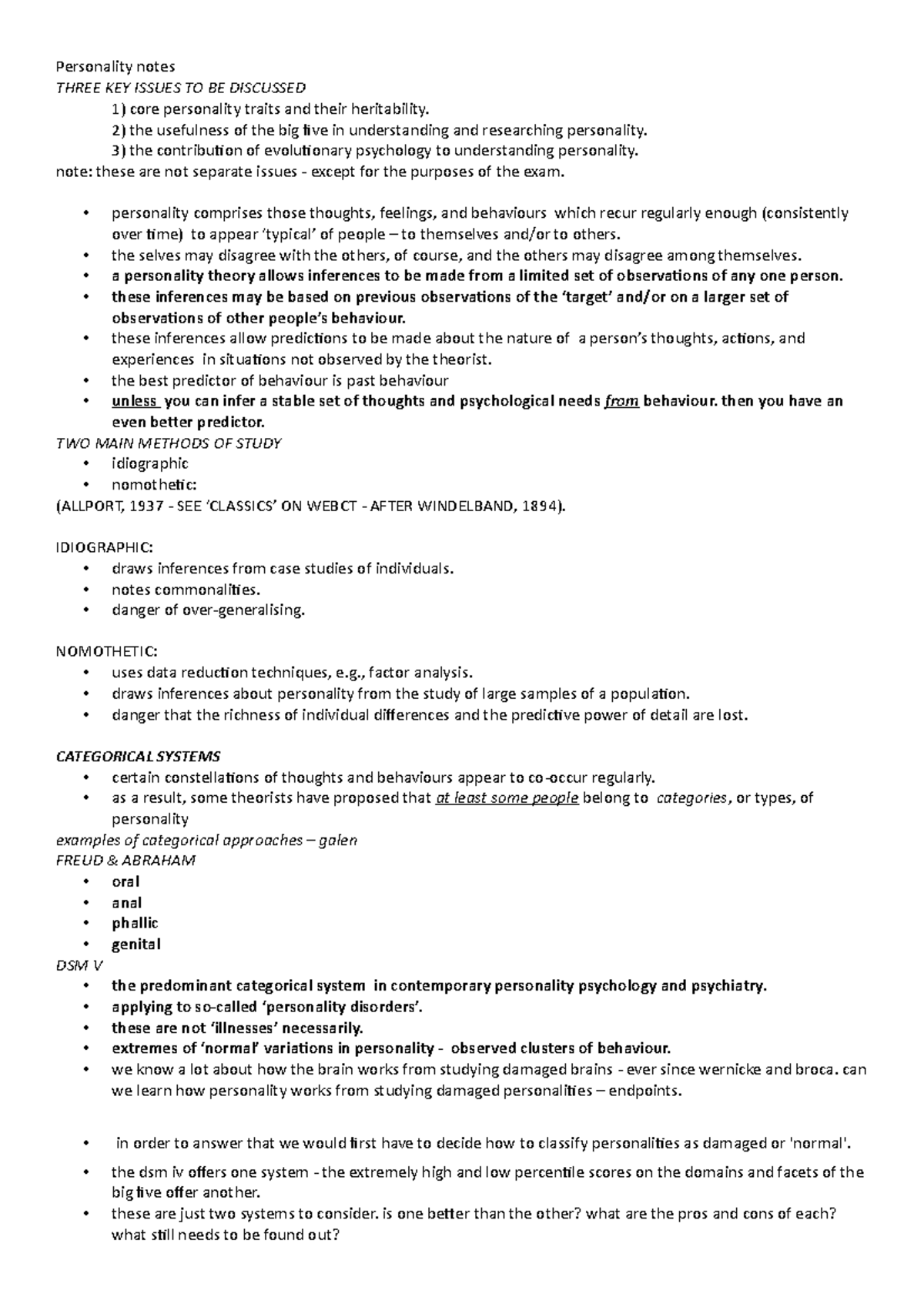 Personality notes - Personality notes THREE KEY ISSUES TO BE DISCUSSED ...