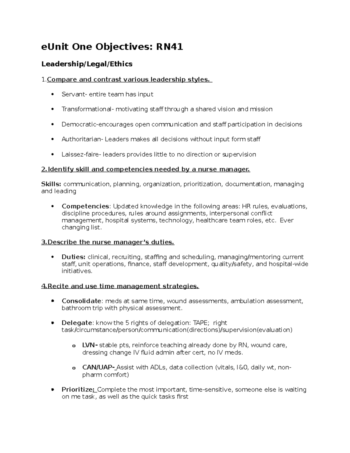 Unit One Objectives - notes - eUnit One Objectives: RN Leadership/Legal ...