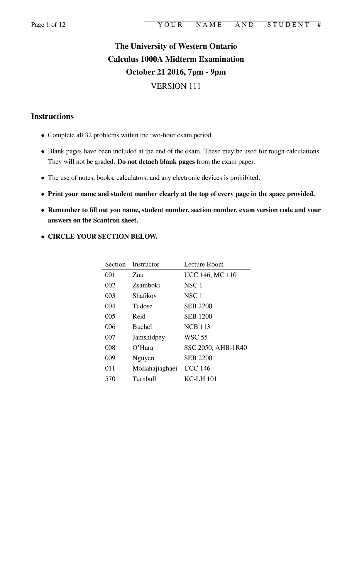 Calc1000A 2016 midterm print 111 - The University of Western Ontario ...
