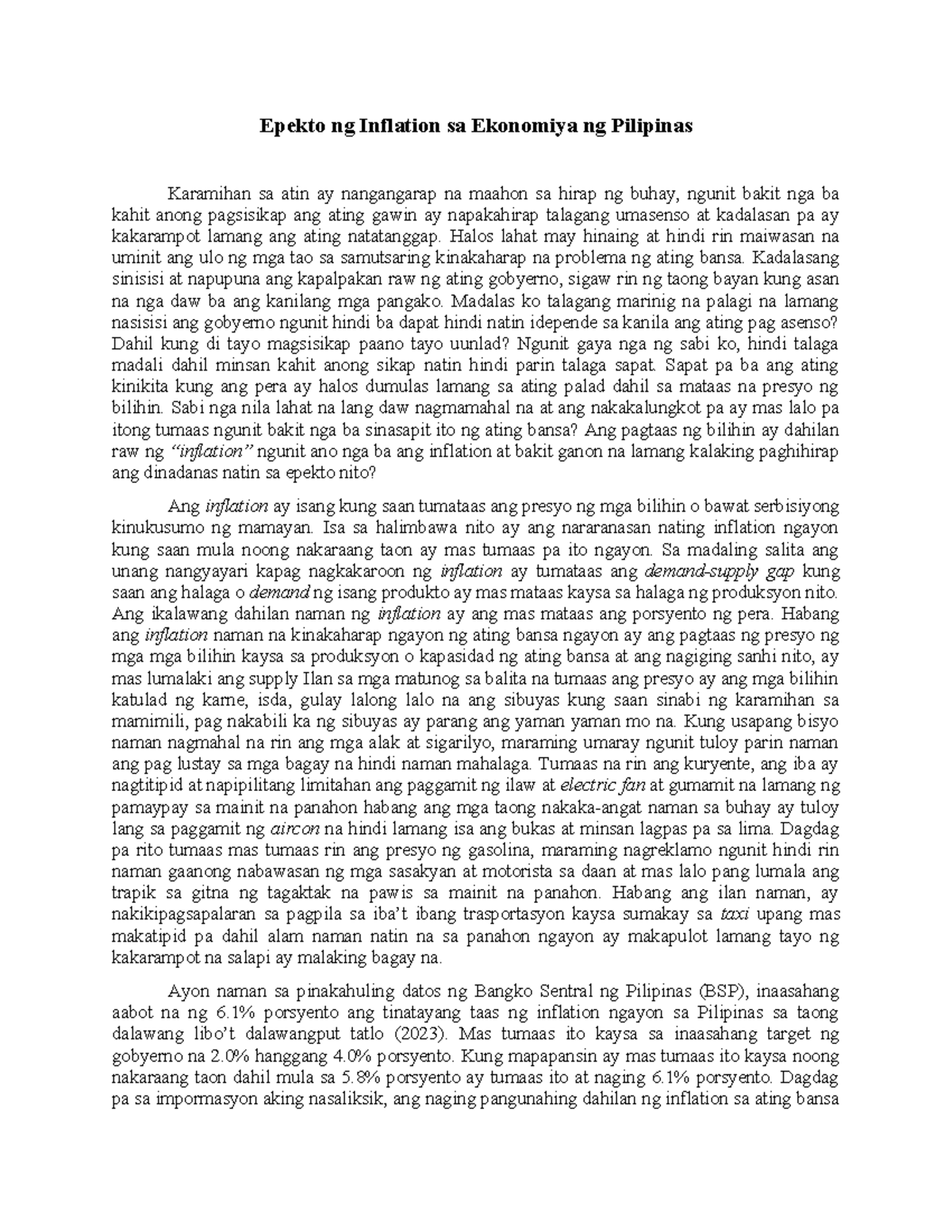 Epekto ng Inflation sa Ekonomiya ng Pilipinas - Epekto ng Inflation sa ...