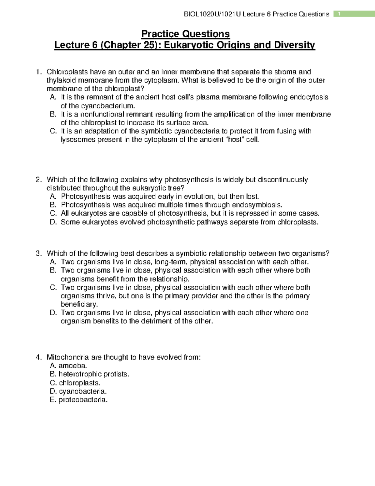 BIOL1020 Lecture 6 Practice Qs - BIOL1020U/1021U Lecture 6 Practice ...