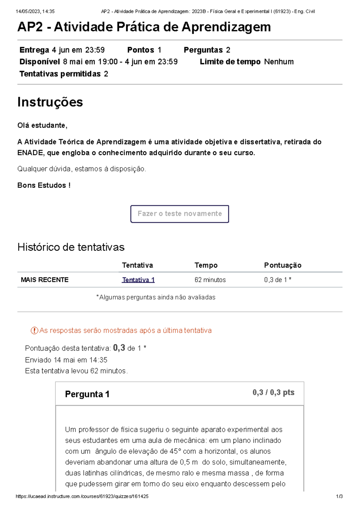 AP2 - Atividade Prática de Aprendizagem 2023B - Física Geral e Experimental I (61923) - Eng ...