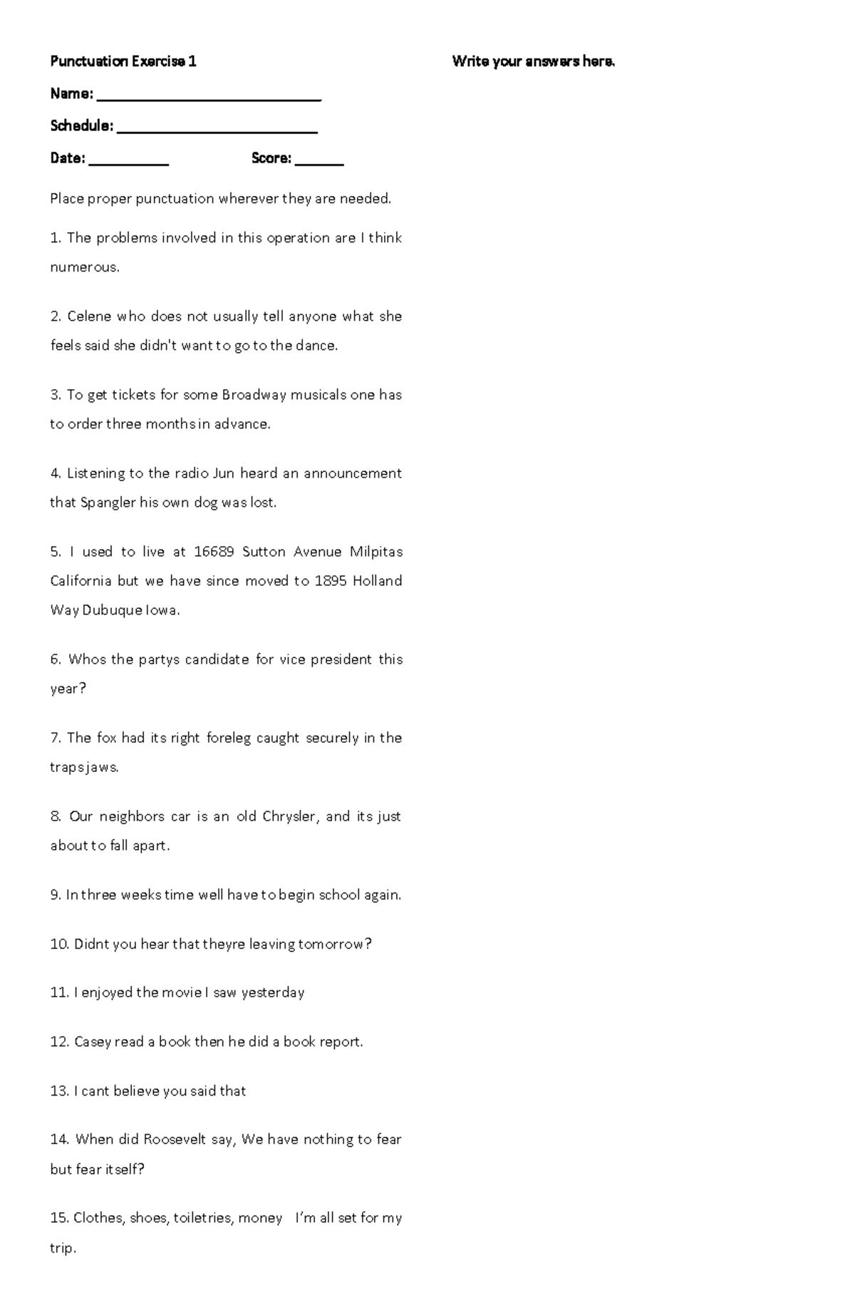 Quiz 2 Punctuation Exercise - Punctuation Exercise 1 Name ...