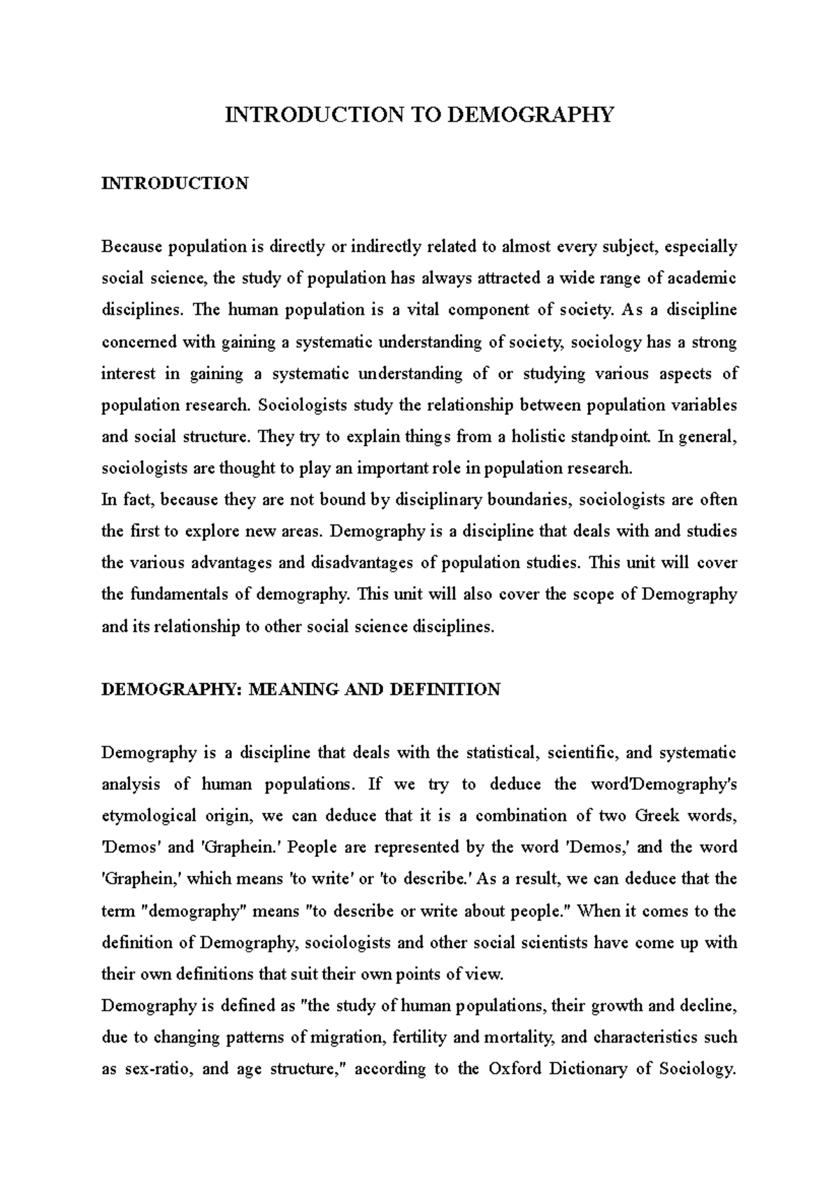 Introduction TO Demography - INTRODUCTION TO DEMOGRAPHY INTRODUCTION ...