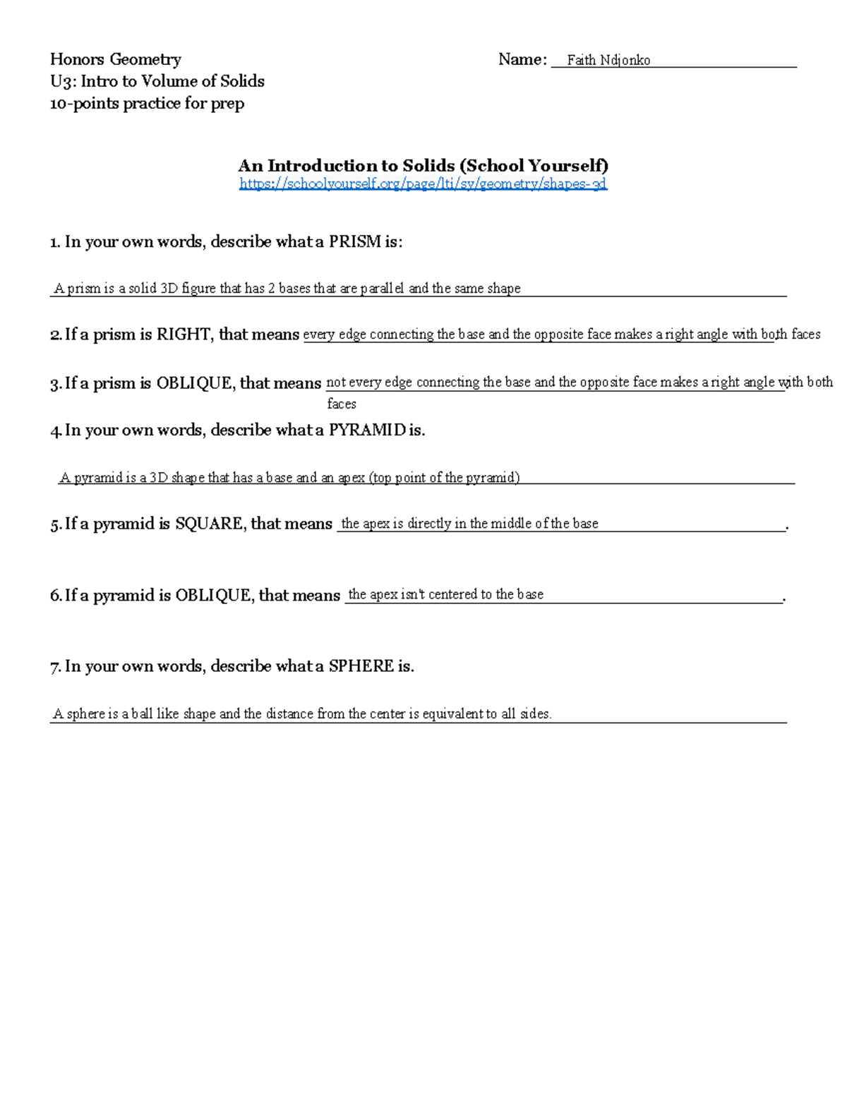 Intro to Solid & Volume (School Yourself) - Honors Geometry U3: Intro ...