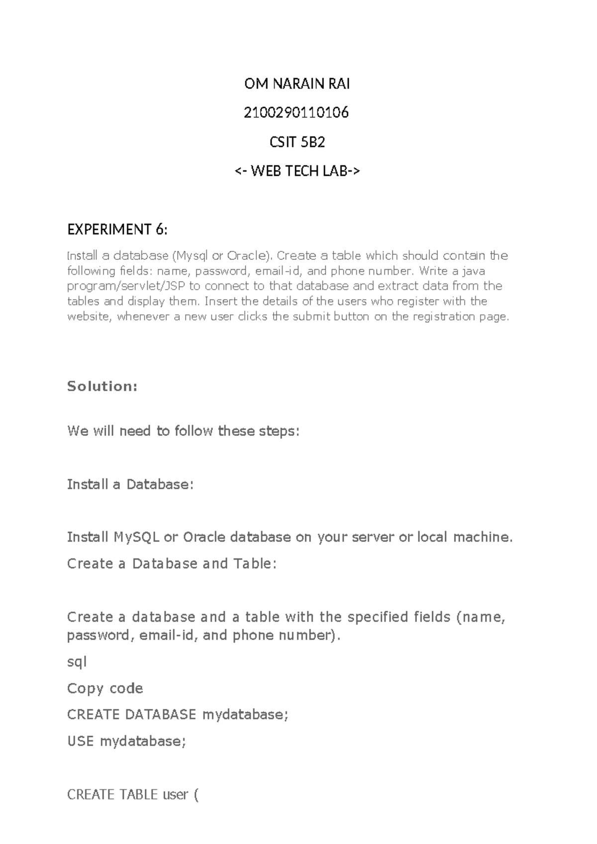 Om 106 Web tech(Experiment 6) - OM NARAIN RAI 2100290110106 CSIT 5B - Studocu