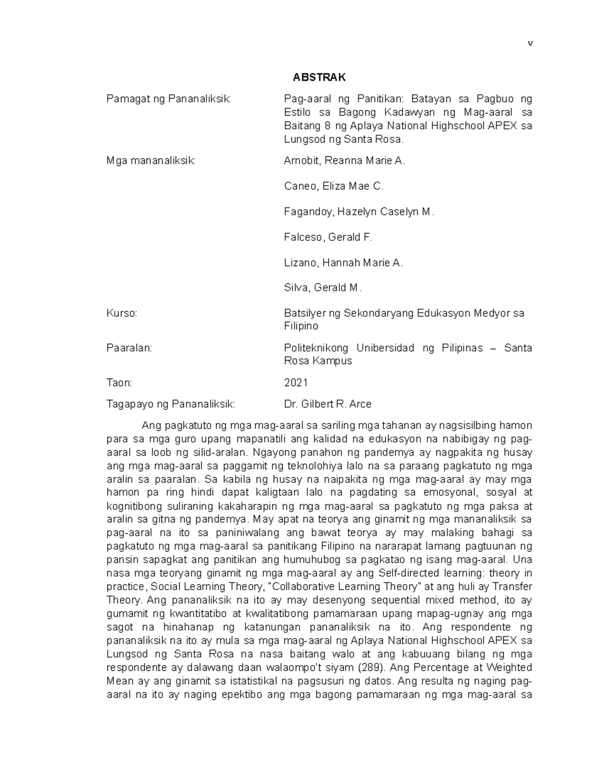 Abstrak - Thesis - v ABSTRAK Pamagat ng Pananaliksik: Pag-aaral ng ...