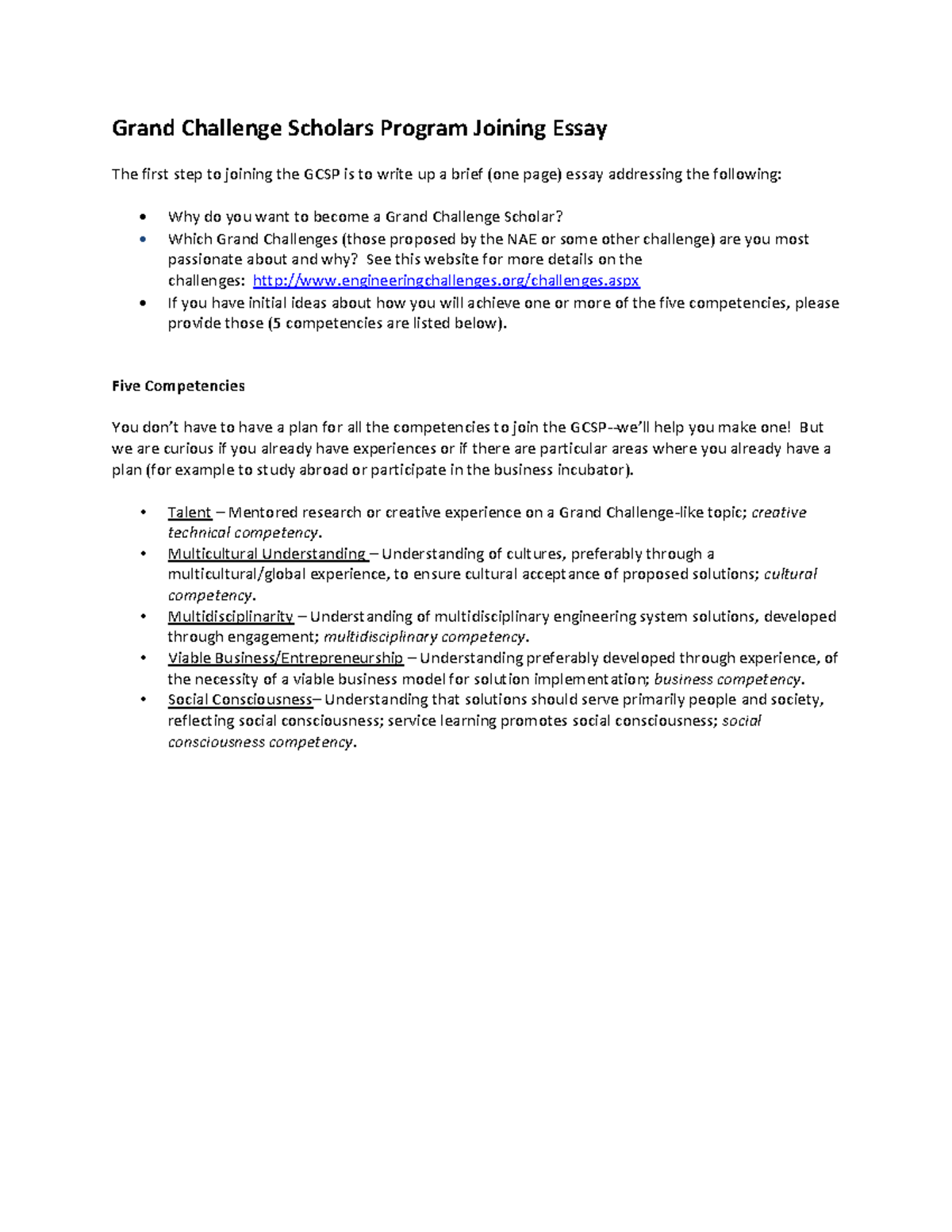 Joining essay - Grand Challenge Scholars Program Joining Essay The ...